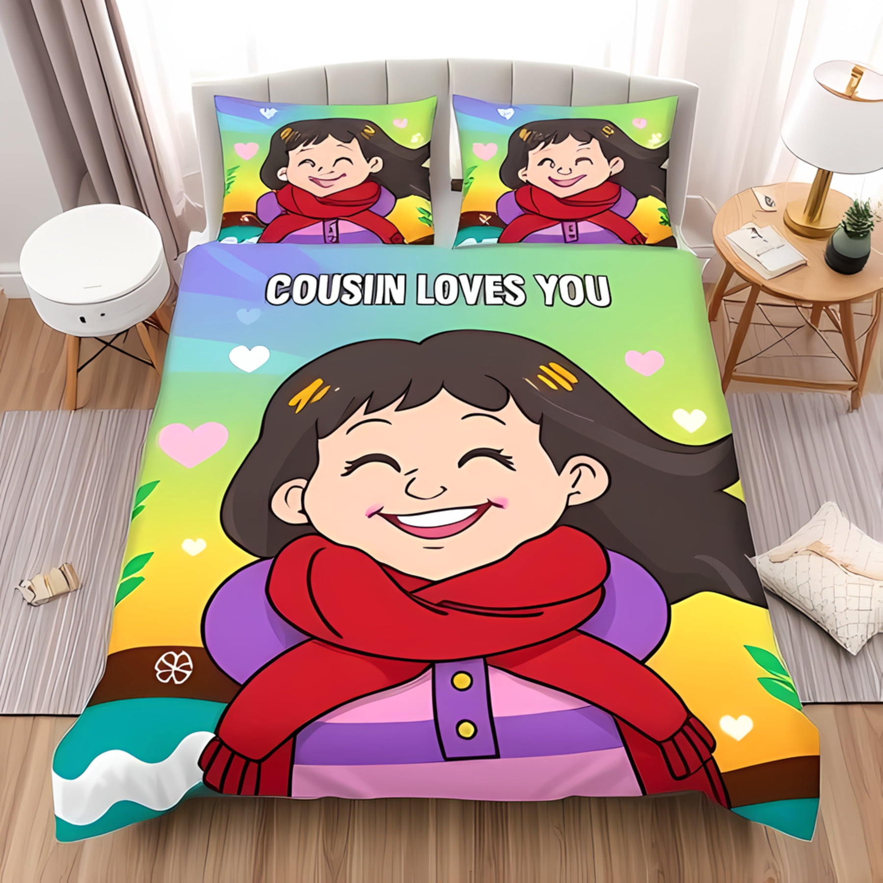 3-Piece Duvet Cover Set with Cheerful Cartoon Girl " Cousin Loves You ...