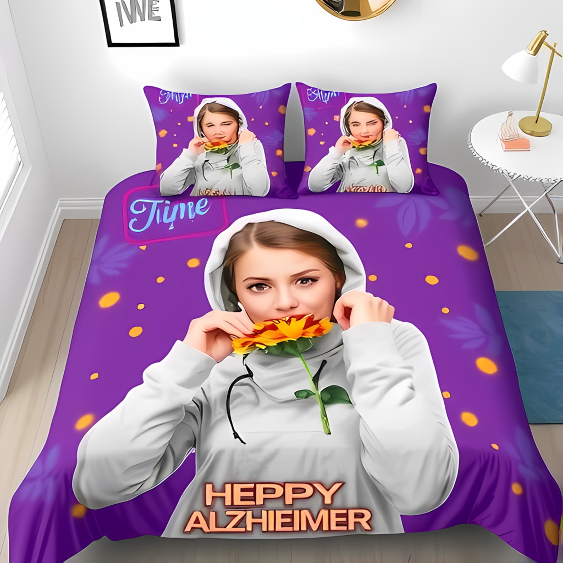 3-Piece Duvet Cover Set with Cheerful Purple Sunflower Design Yellow ...