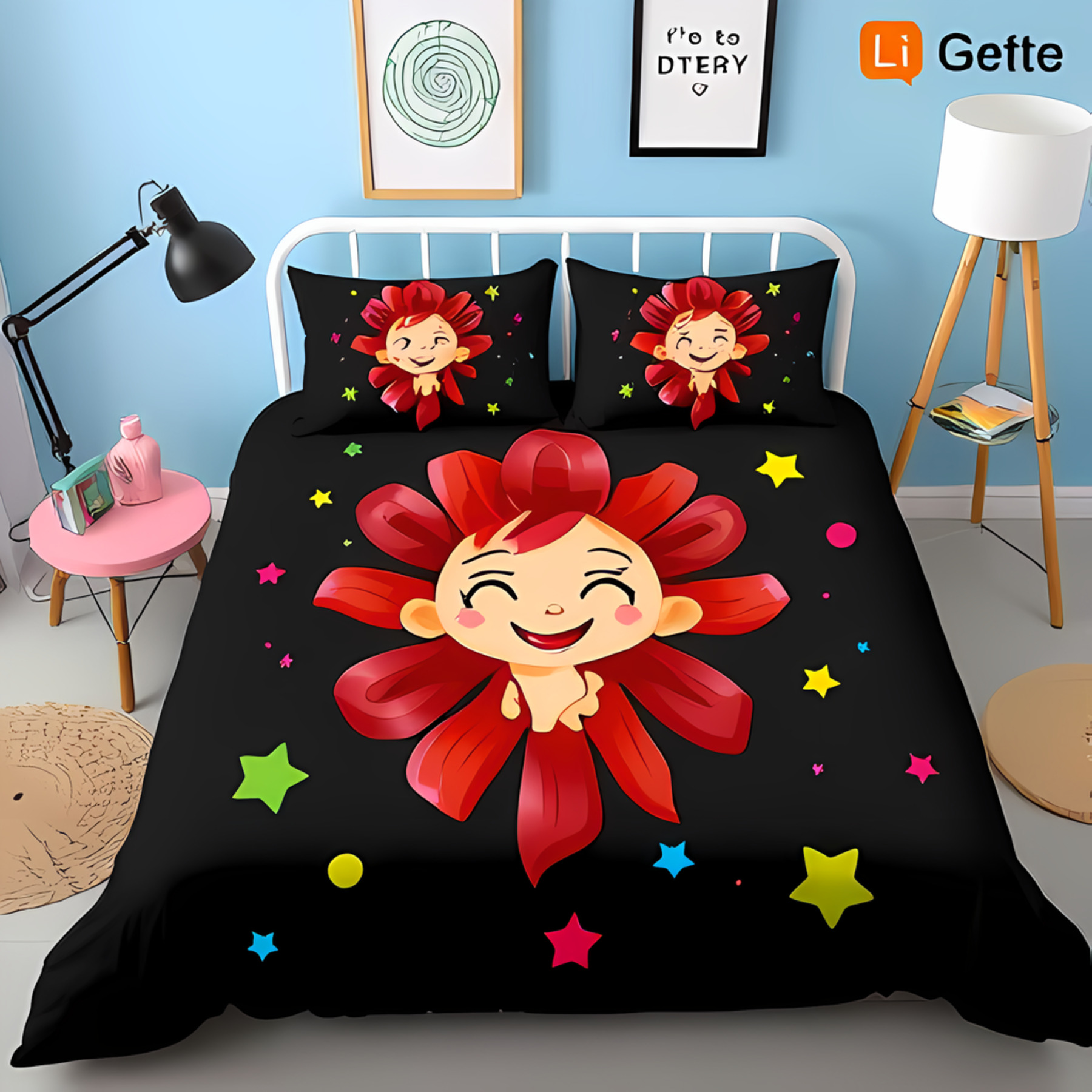 3-Piece Duvet Cover Set with Cheerful Red Flower Design and Smiling ...