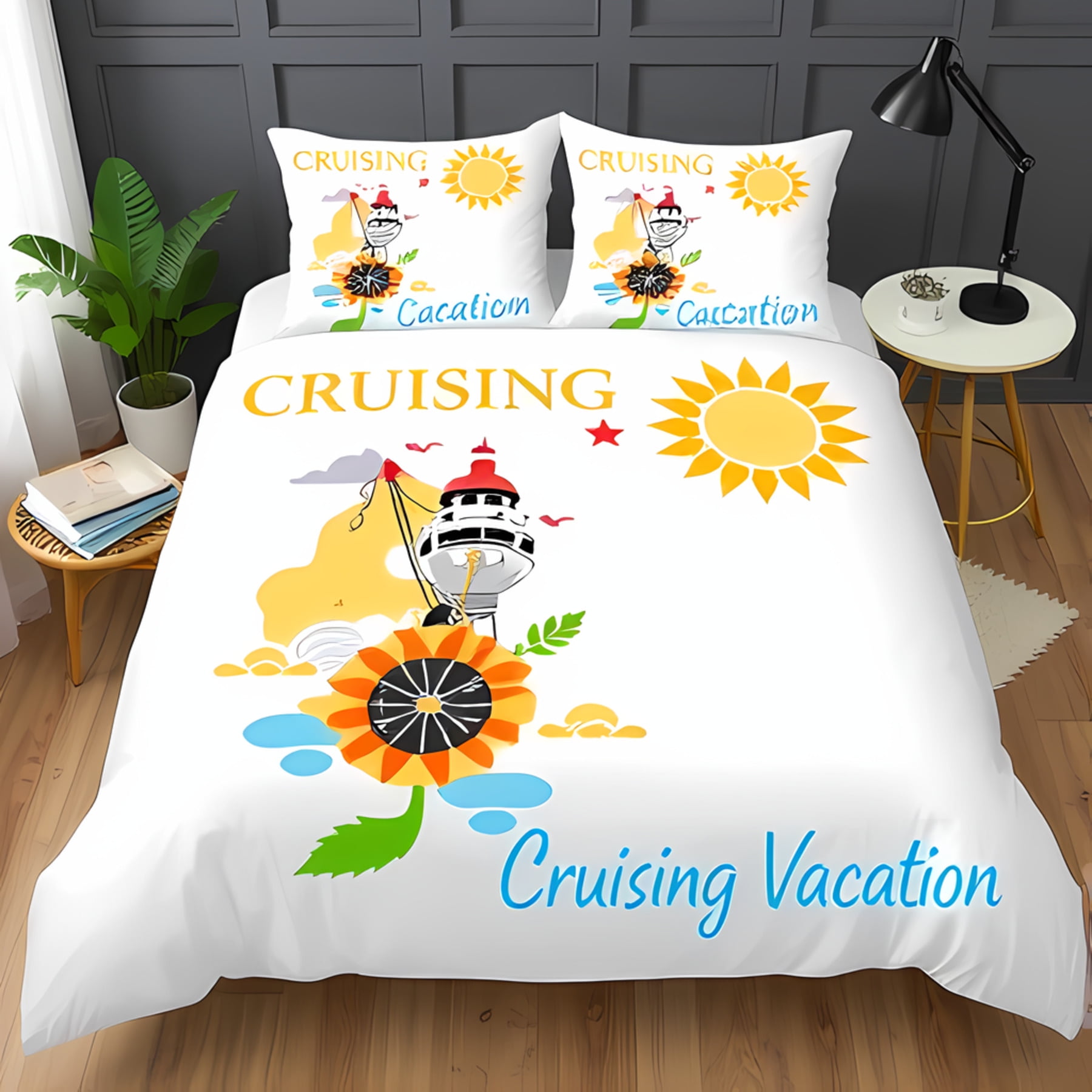 3-Piece Duvet Cover Set with Cheerful Sailboat Sun and Sunflower Design ...