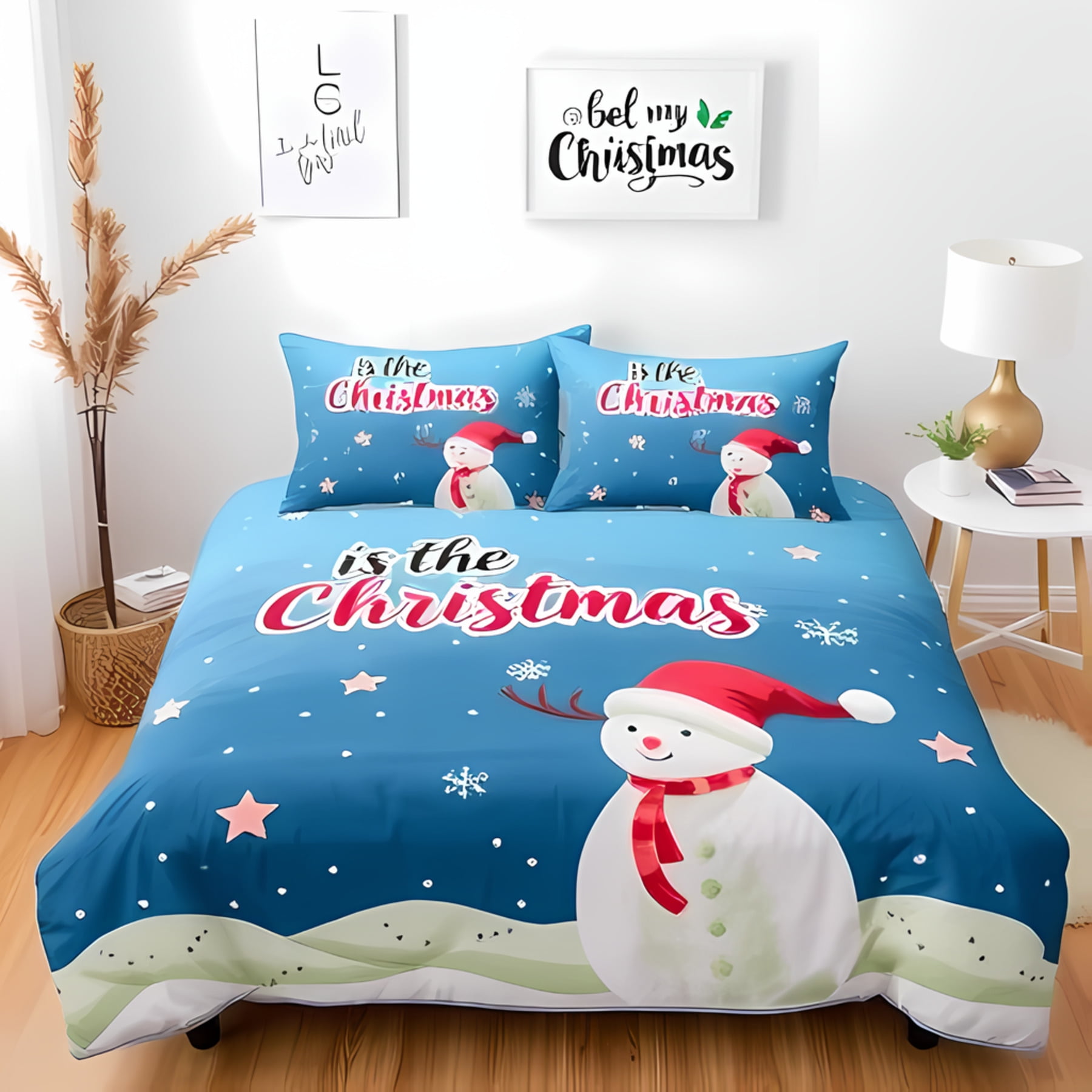 3-Piece Duvet Cover Set with Cheerful Snowman and Whimsical Snowflakes ...