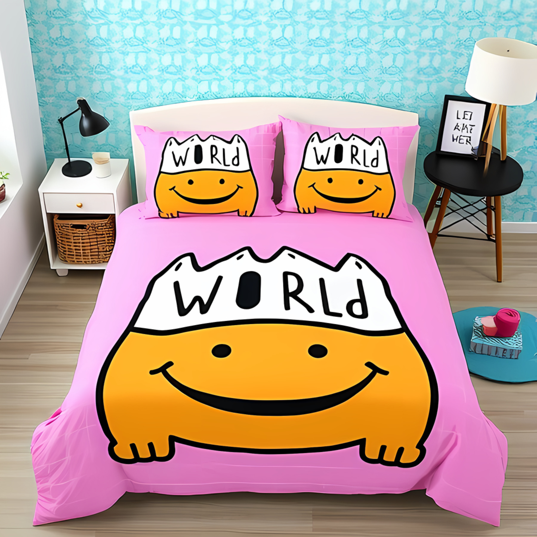 3-Piece Duvet Cover Set with Cheerful Yellow Crowned Character Design ...