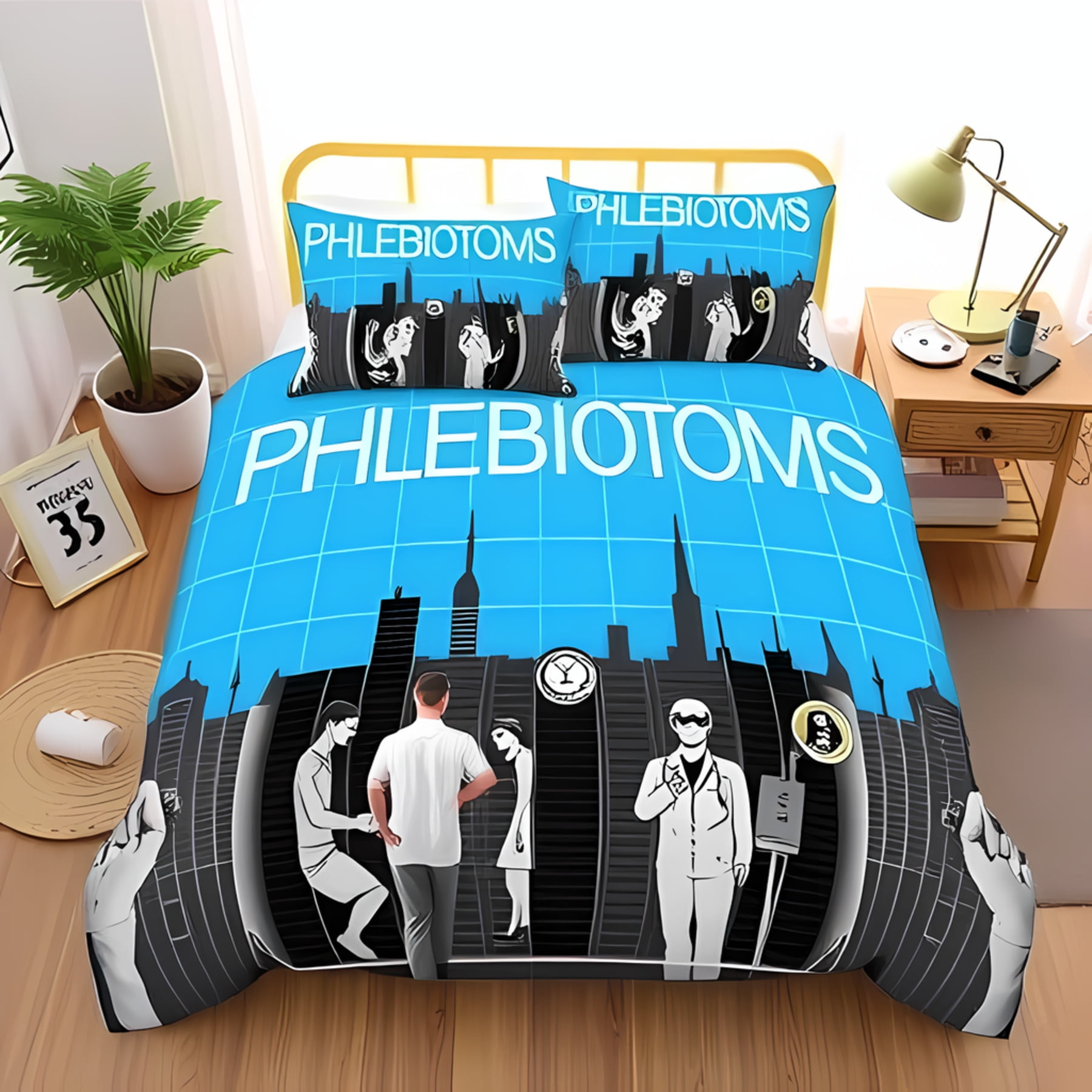 3-Piece Duvet Cover Set with City and Silhouettes Design Blue Bedding ...