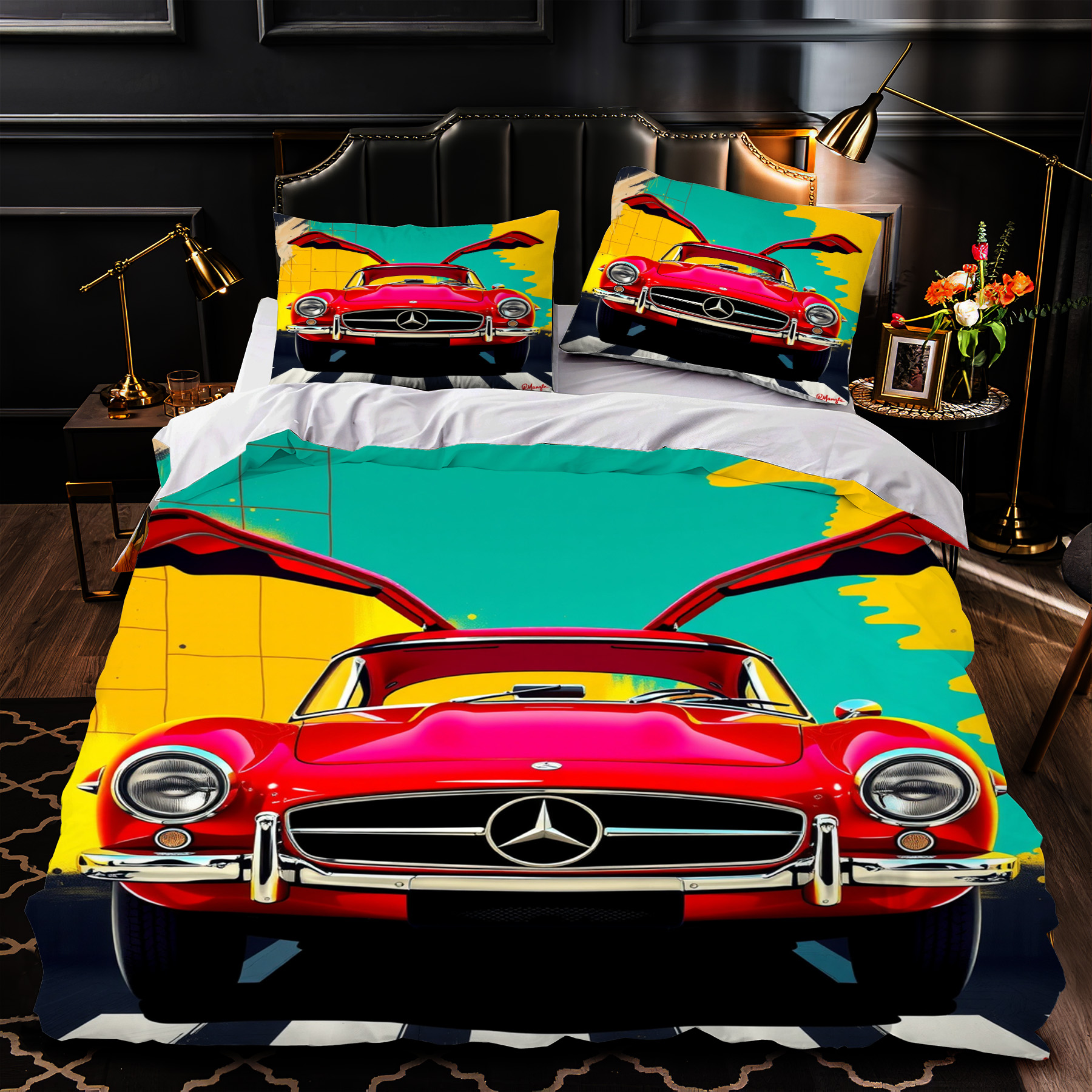3-Piece Duvet Cover Set with Classic Red Car Illustration on Bold ...