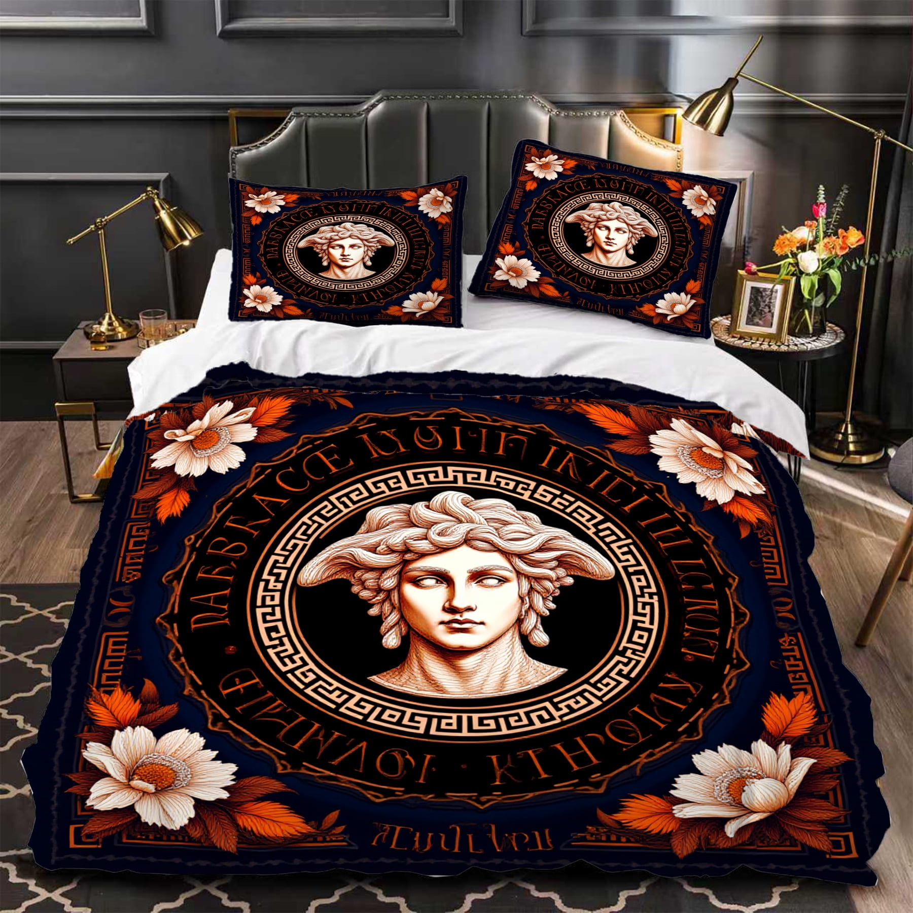 3-Piece Duvet Cover Set with Classical Statue & Floral Patterns Greek ...