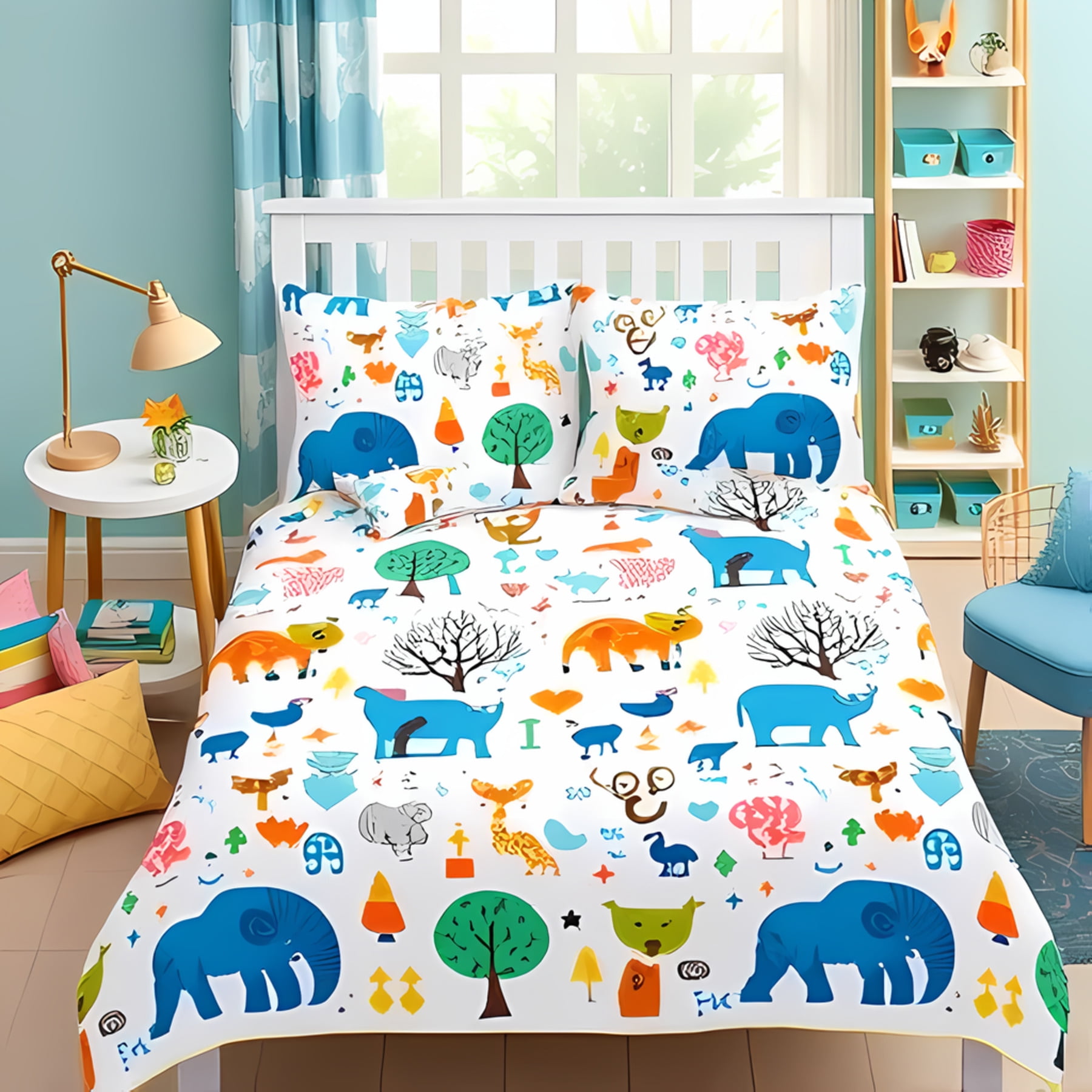 3-Piece Duvet Cover Set with Colorful Animal and Tree Pattern on White ...