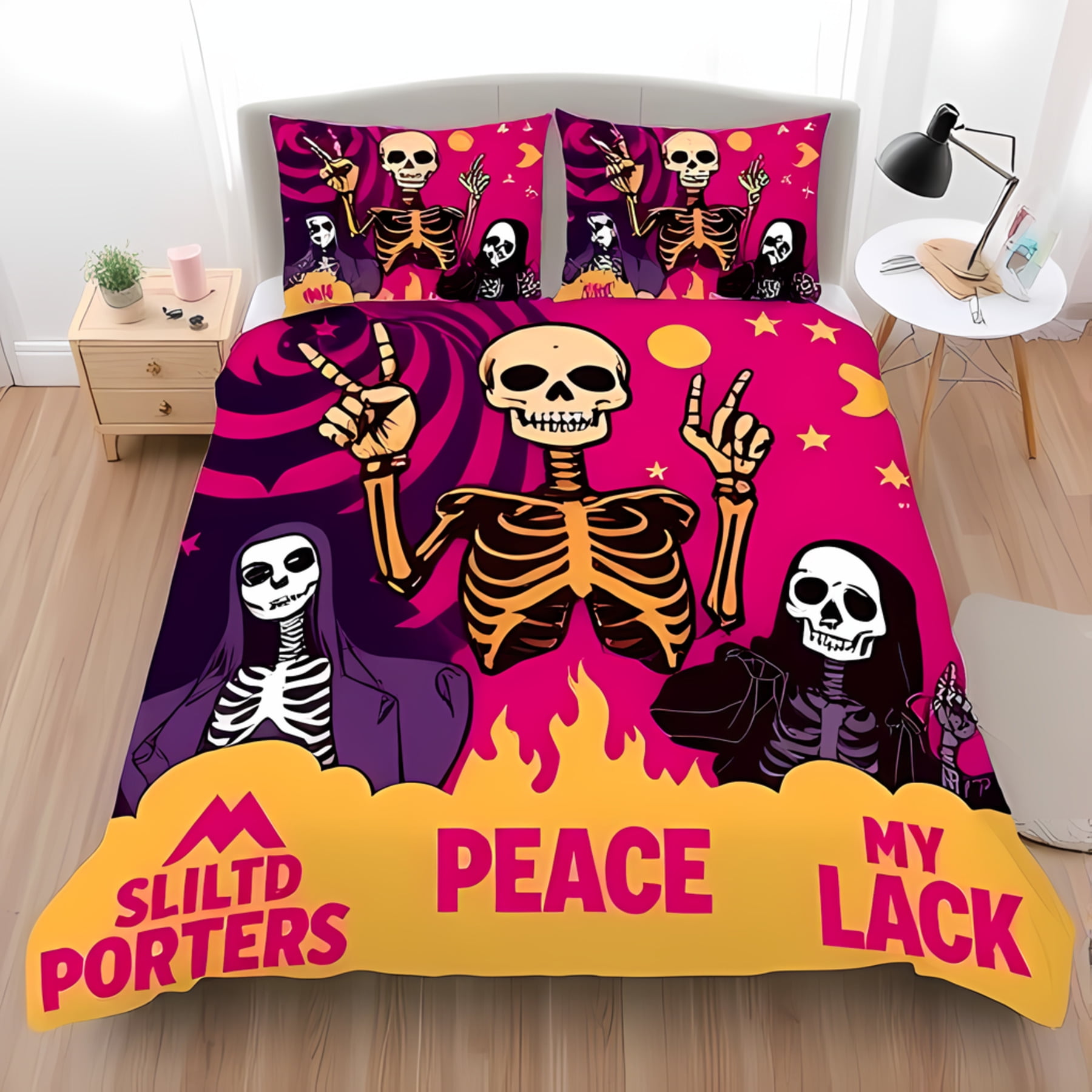 3-Piece Duvet Cover Set with Colorful Animated Skeletons on Pink ...