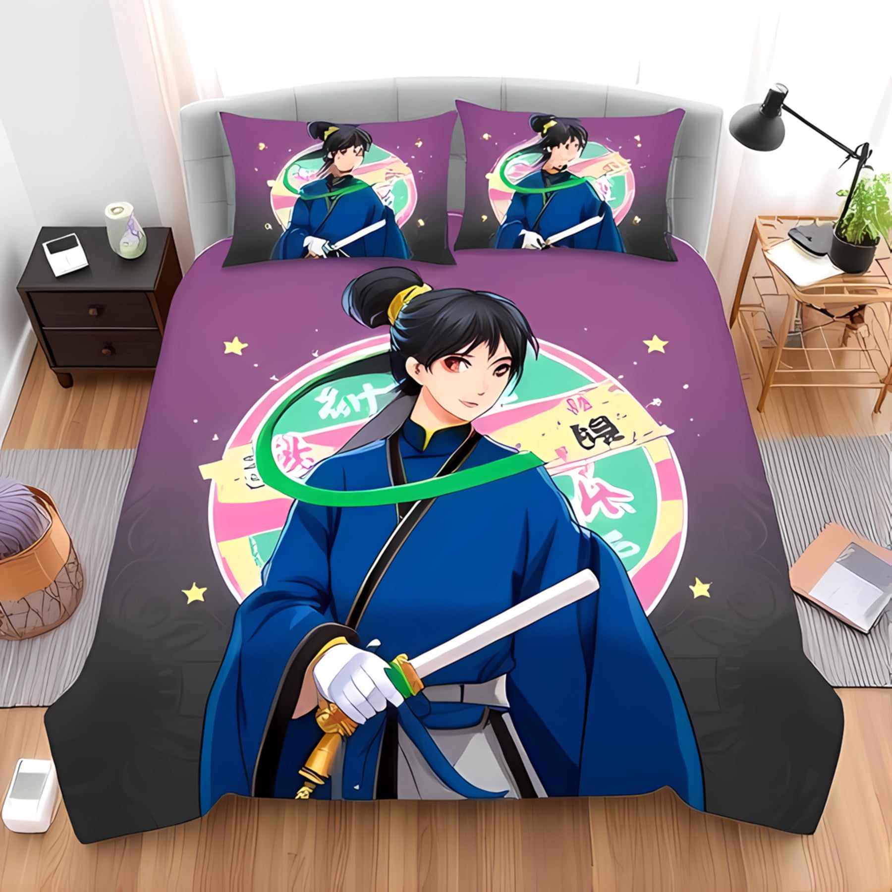 3-Piece Duvet Cover Set with Colorful Anime Character in Blue Outfit ...
