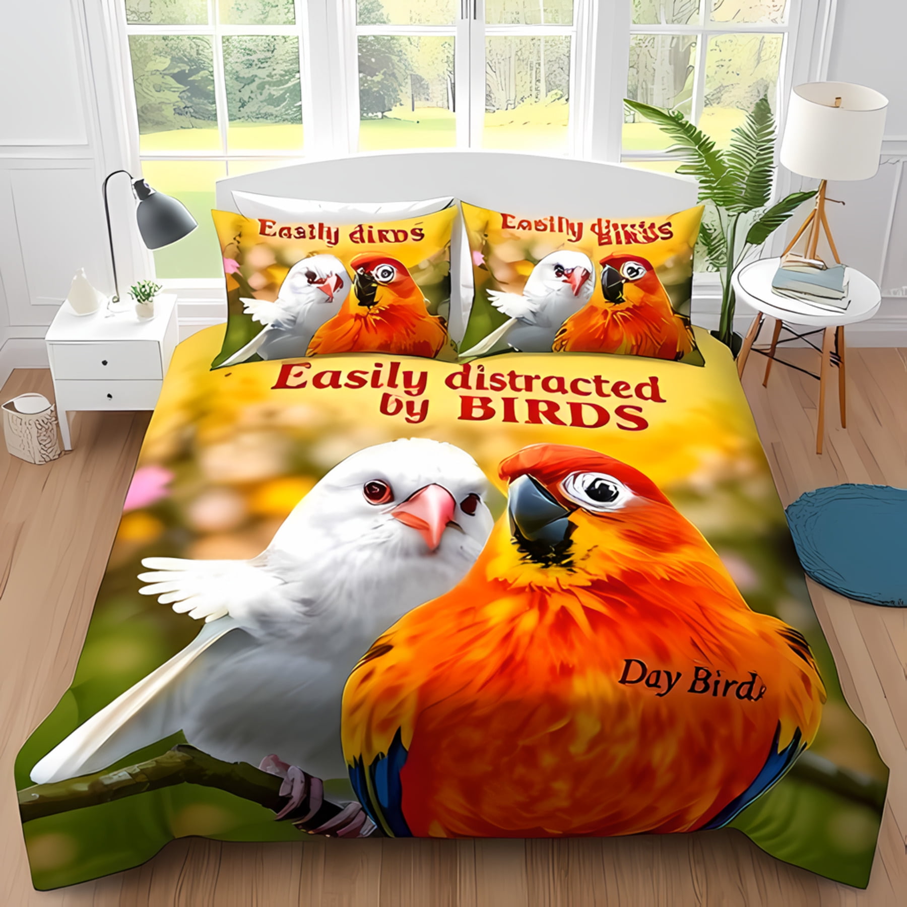 3-Piece Duvet Cover Set with Colorful Bird Illustrations Yellow Background Green Foliage & Pink ...