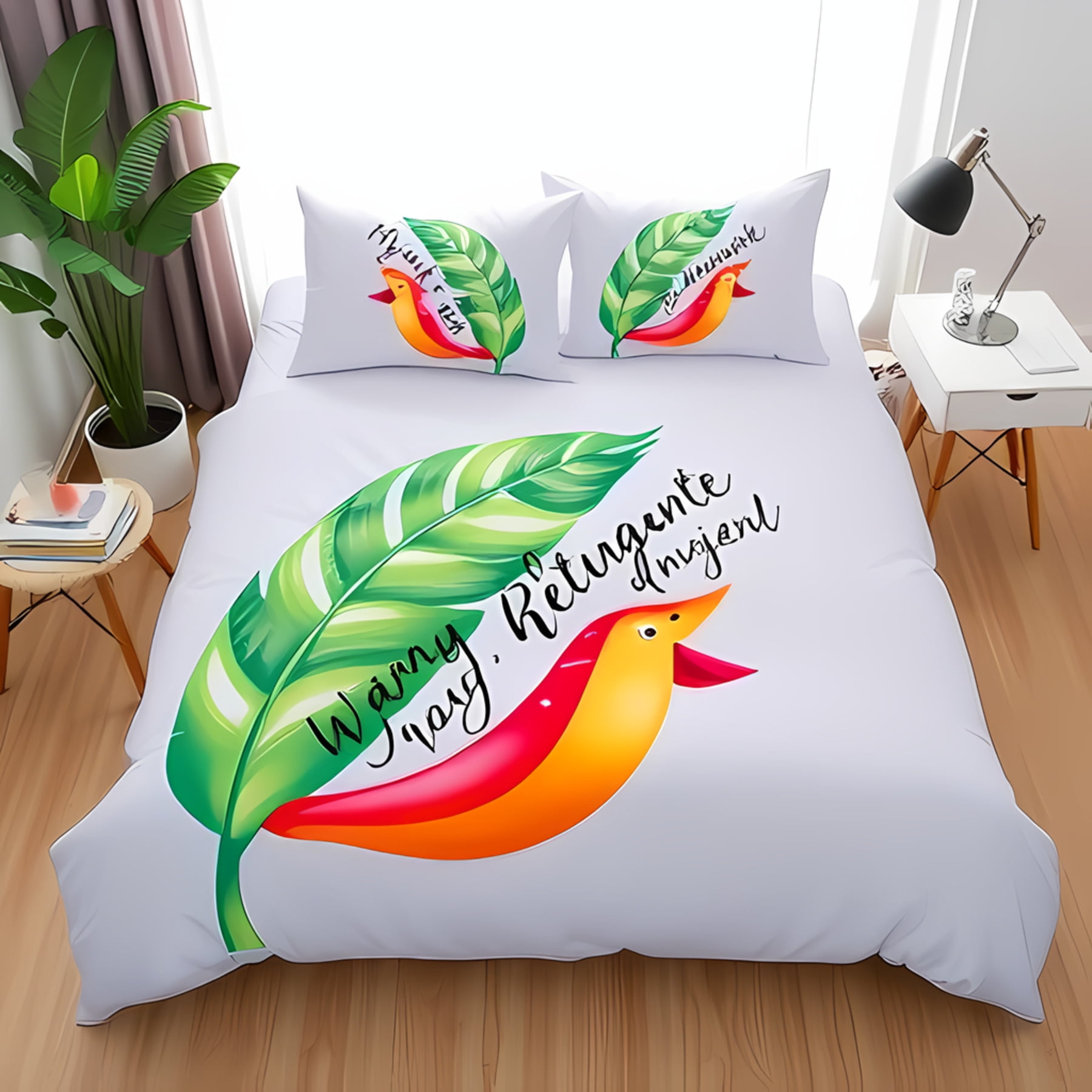 3-Piece Duvet Cover Set with Colorful Bird and Pattern White Bedding ...