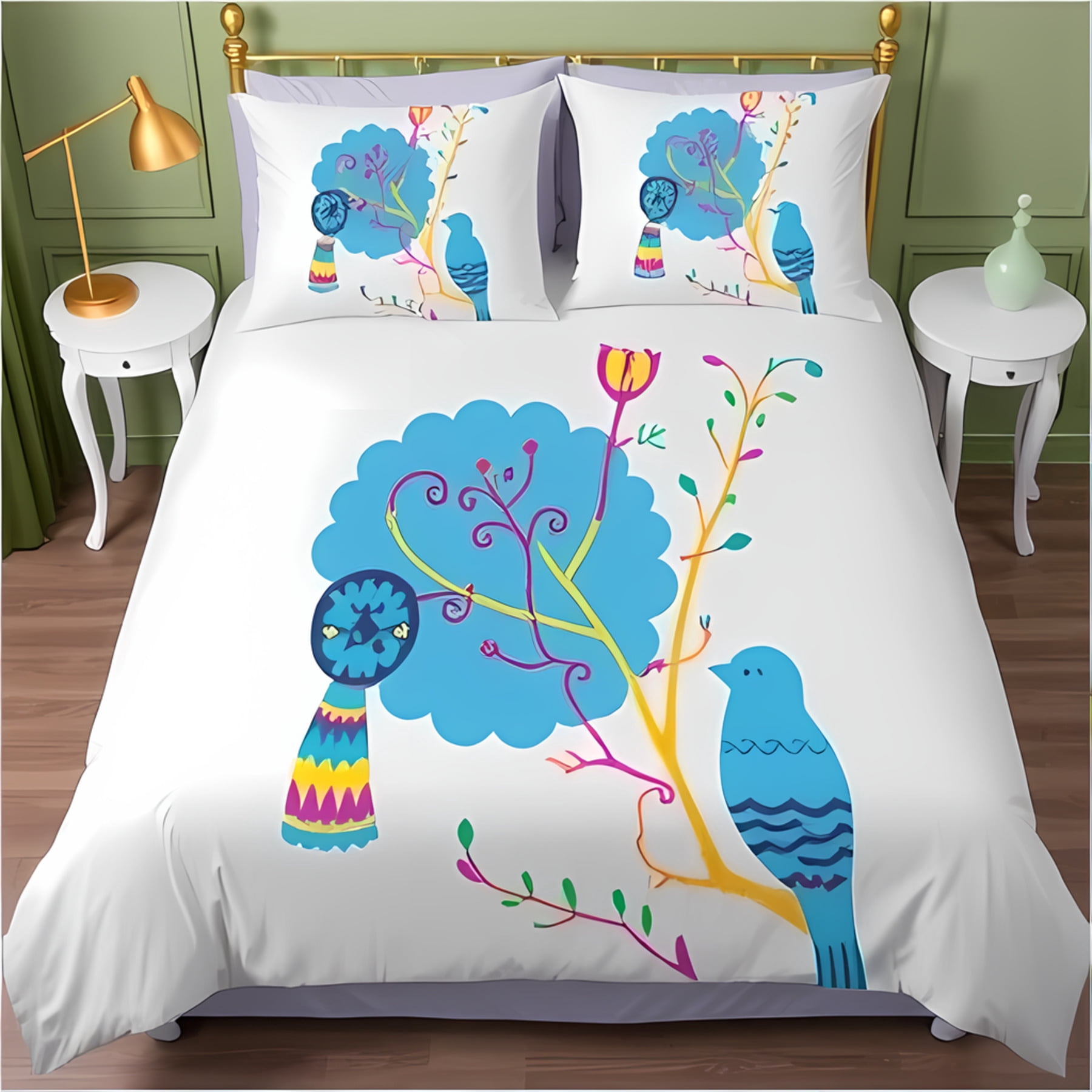 3-Piece Duvet Cover Set with Colorful Bird and Tree Branch Design White ...