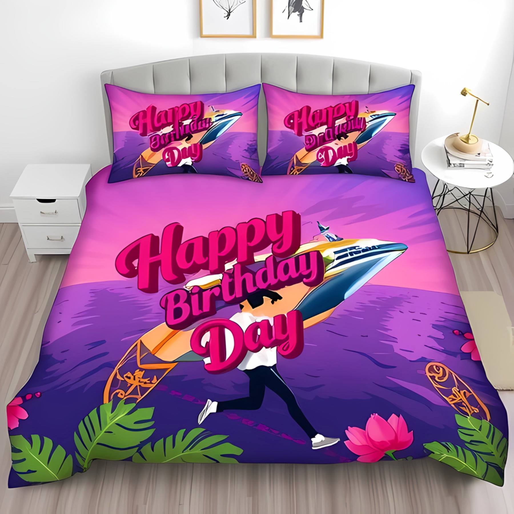 3-Piece Duvet Cover Set with Colorful Boat Design Purple and Pink ...