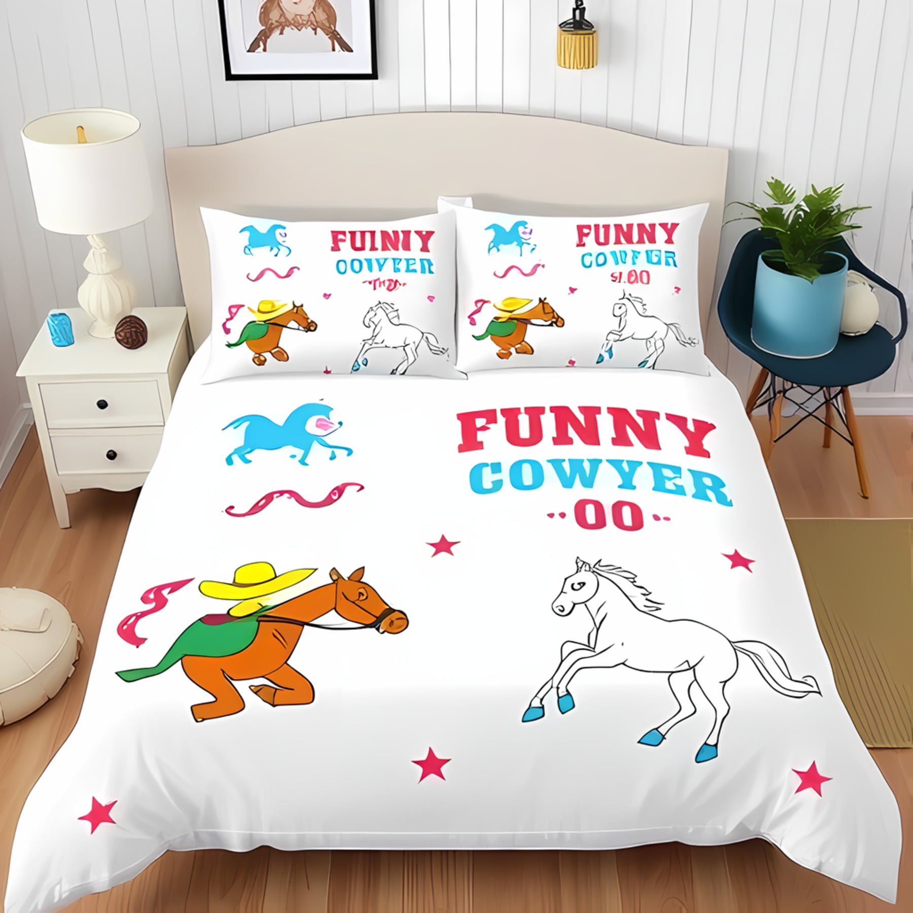 3-Piece Duvet Cover Set with Colorful Cartoon Animals & Cowboy Design ...