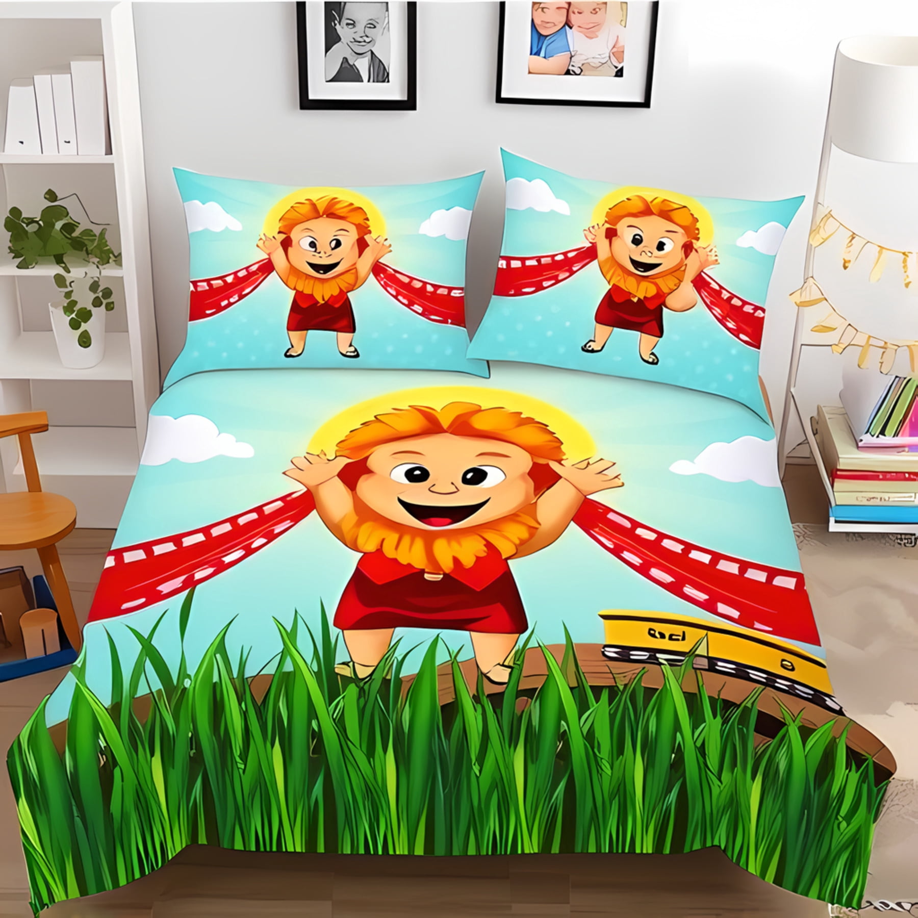 3-Piece Duvet Cover Set with Colorful Cartoon Character Golden & Red ...