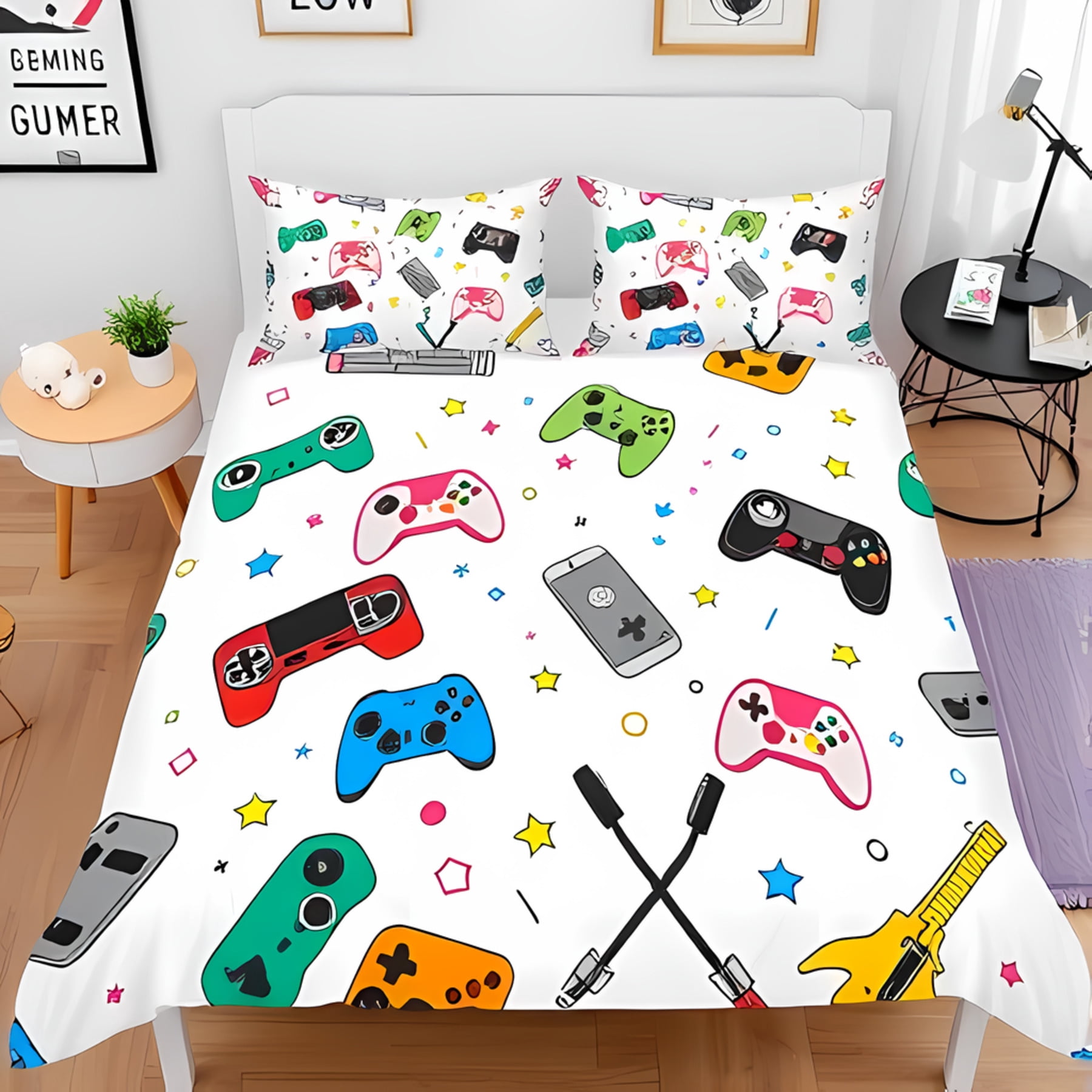 3-Piece Duvet Cover Set with Colorful Controllers Stars & Geometric ...