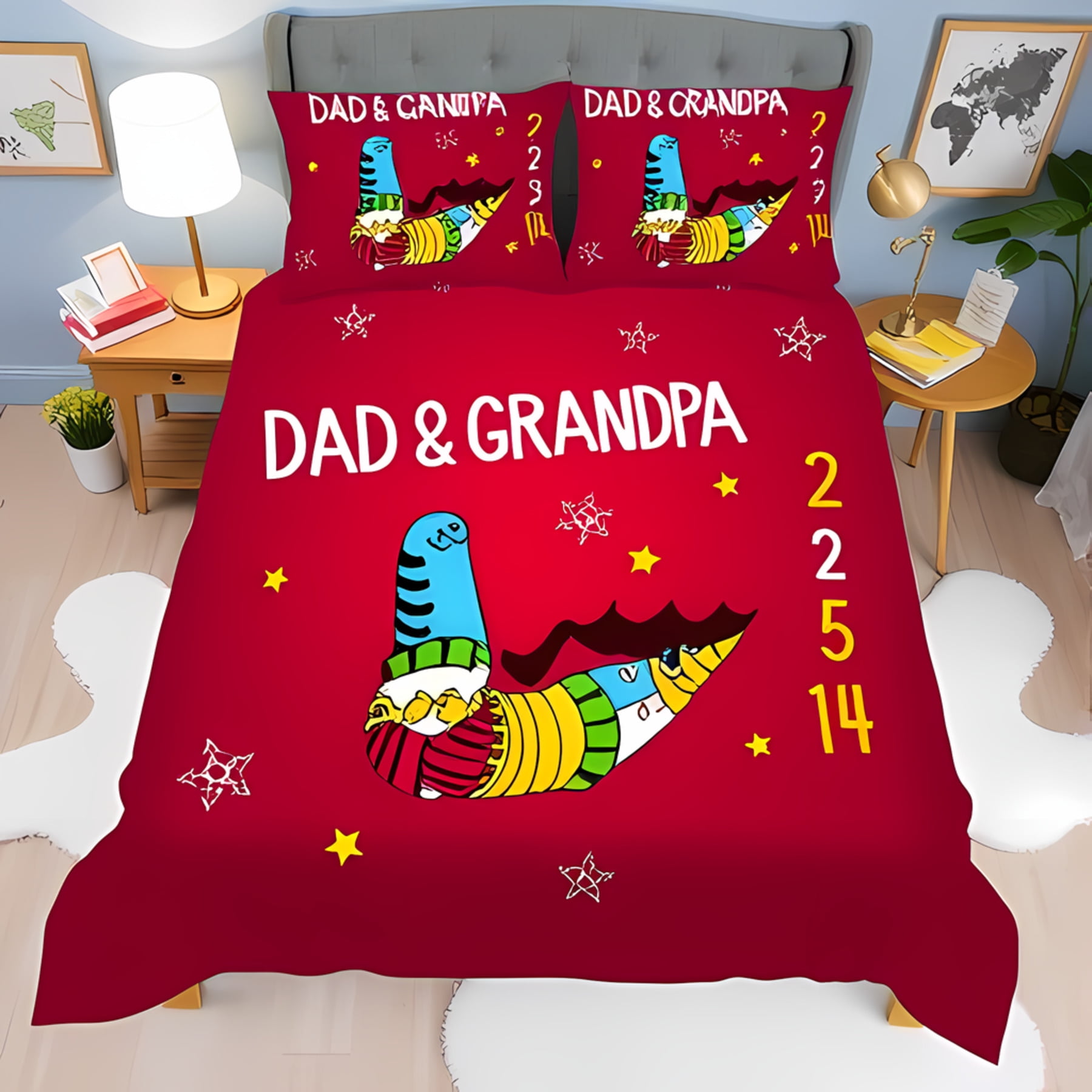 3-Piece Duvet Cover Set with Colorful Creature Design Red Duvet Featuring Stars " DAD & GRANDPA ...
