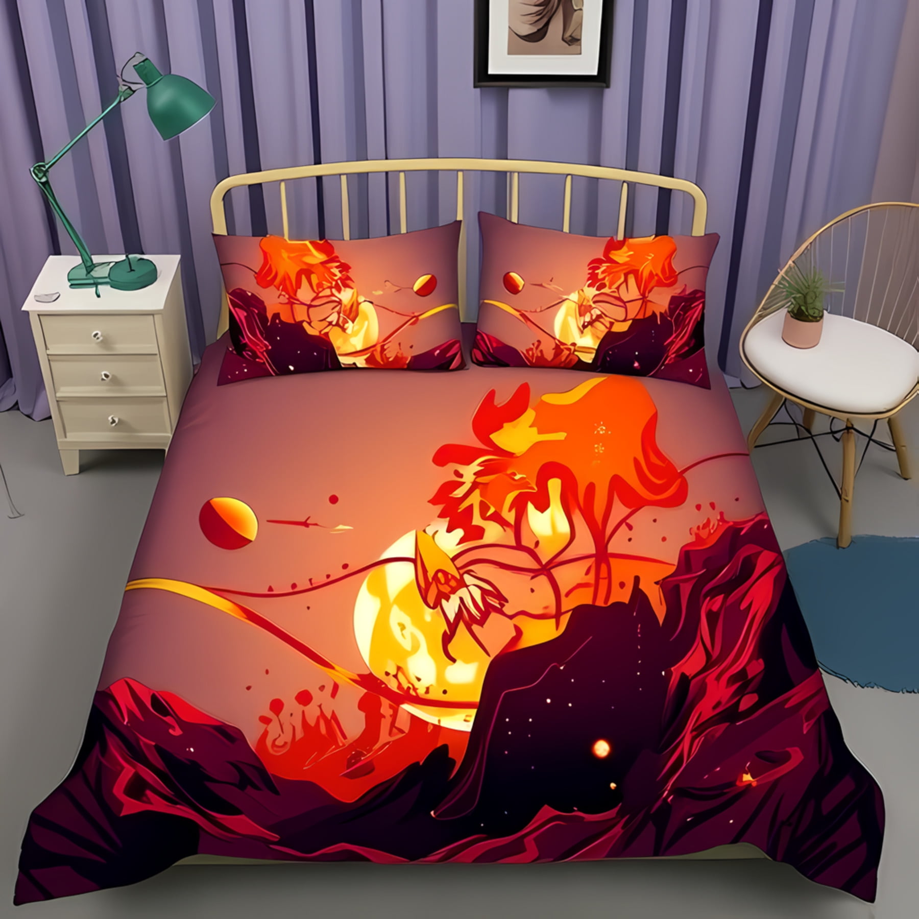 3-Piece Duvet Cover Set with Colorful Design Featuring Roaring Fire ...