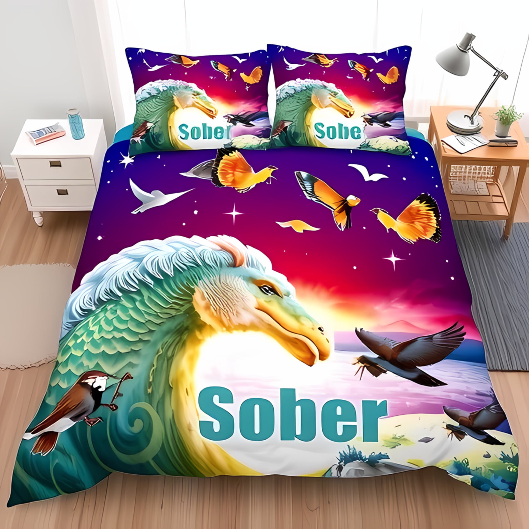 3-Piece Duvet Cover Set with Colorful Fantasy Dragon Design Vibrant ...