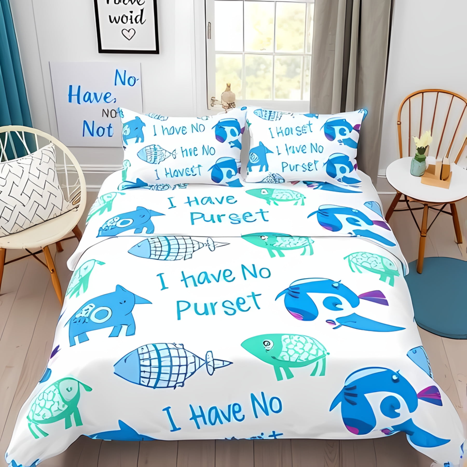3-Piece Duvet Cover Set with Colorful Fish Pattern and Repeated 'I Have ...