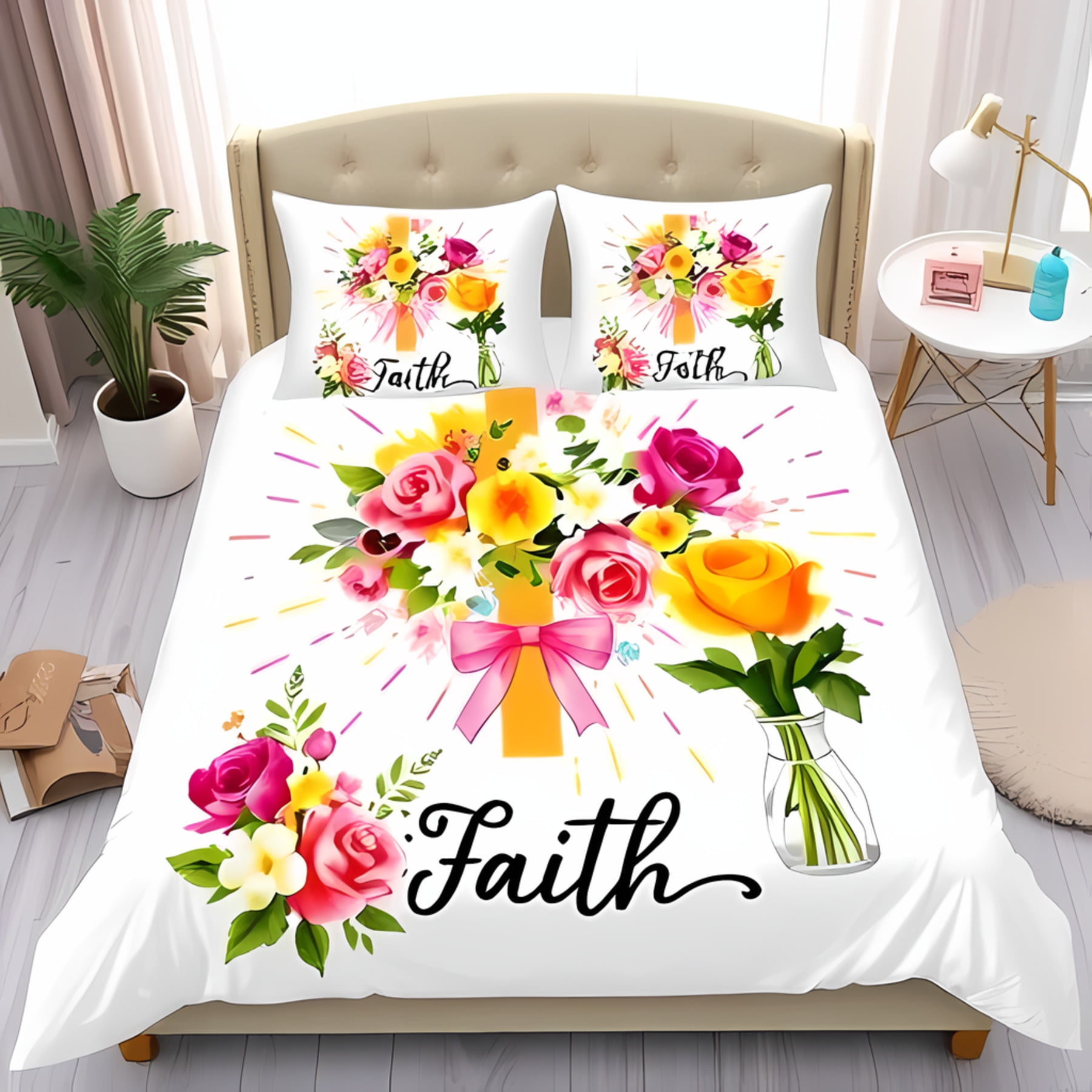 3-Piece Duvet Cover Set with Colorful Floral Design 'Faith' Script & Coordinating Pillows ...