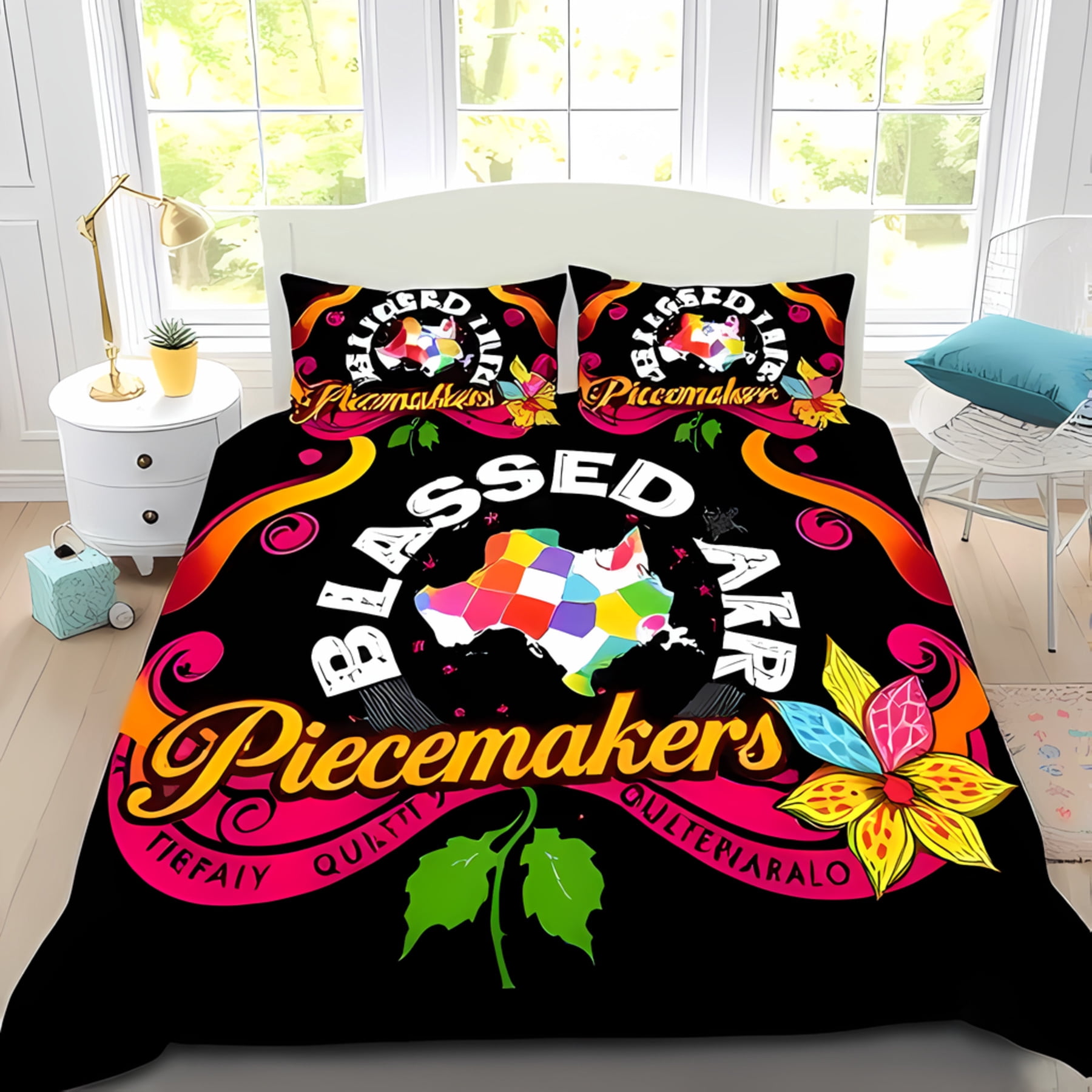 3-Piece Duvet Cover Set with Colorful Floral Patterns & Australia Map ...