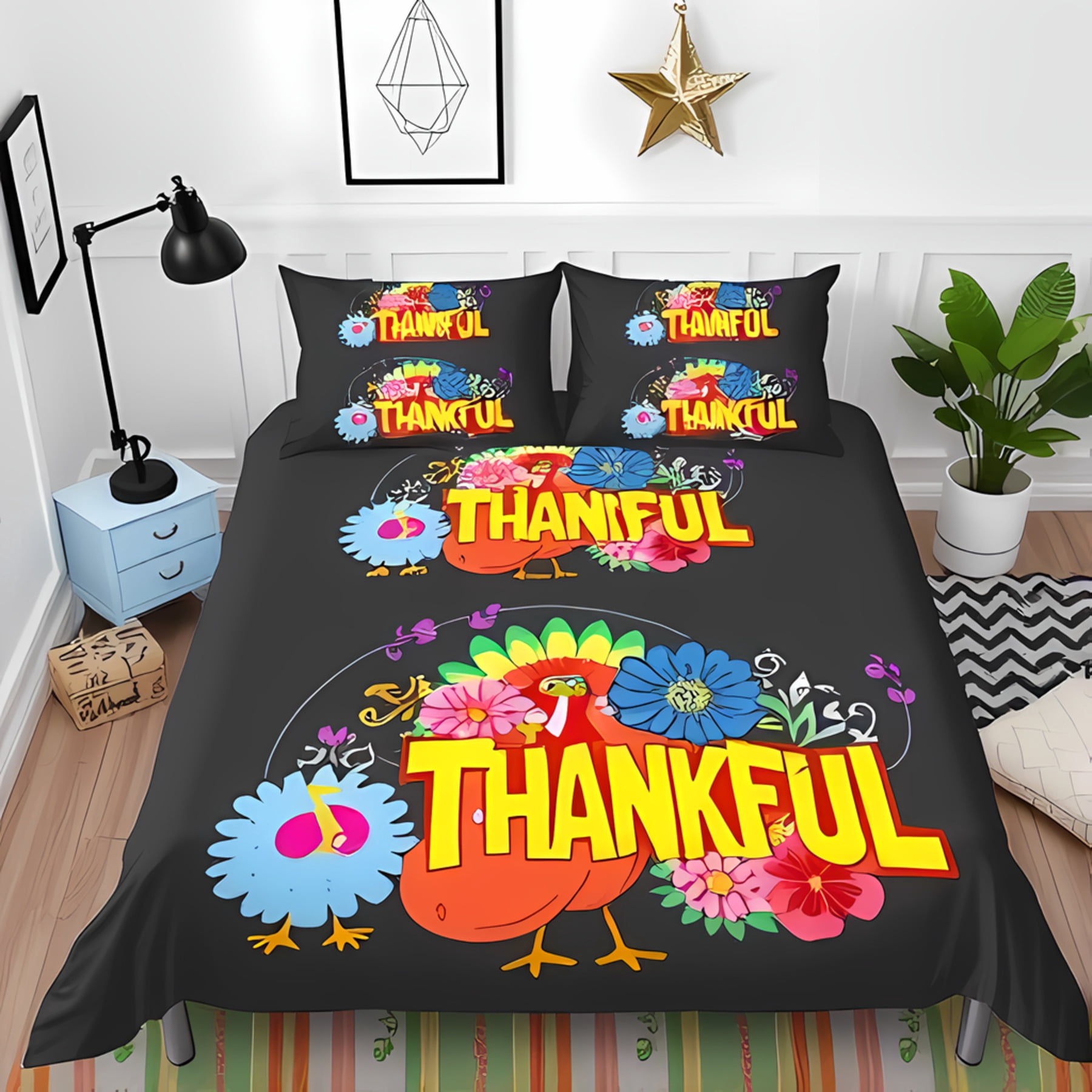 3-Piece Duvet Cover Set with Colorful Floral and Cartoon Turkey Design ...