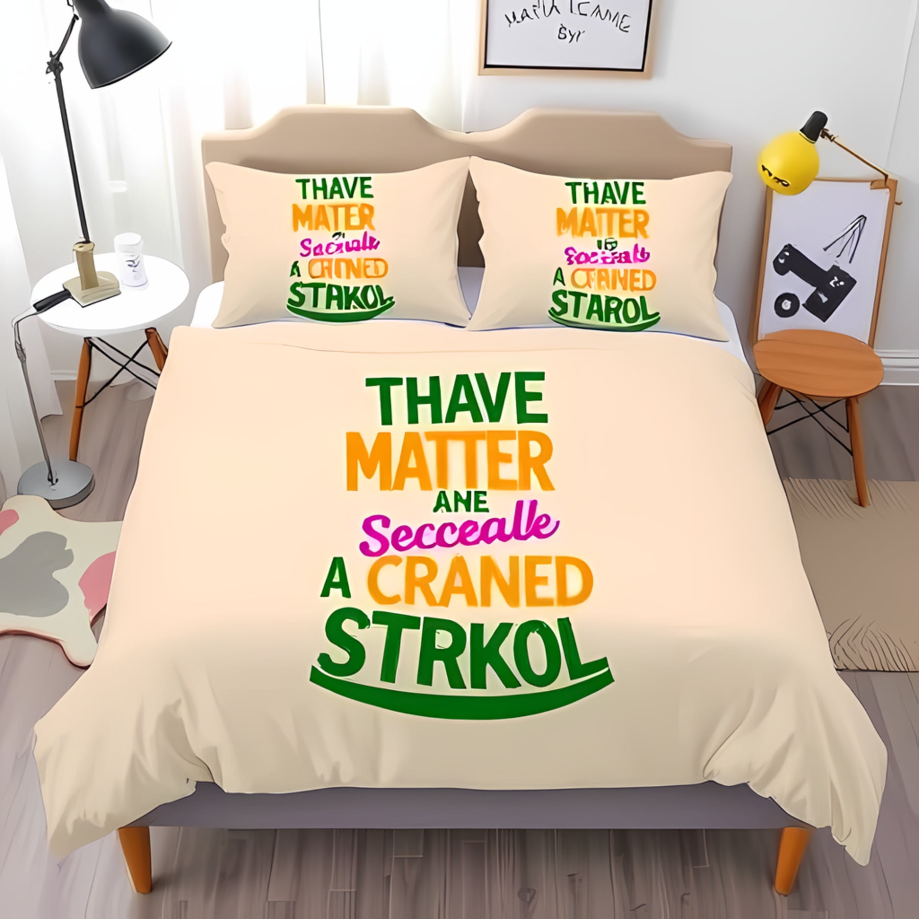 3-Piece Duvet Cover Set with Colorful Green and Orange Text Design ...