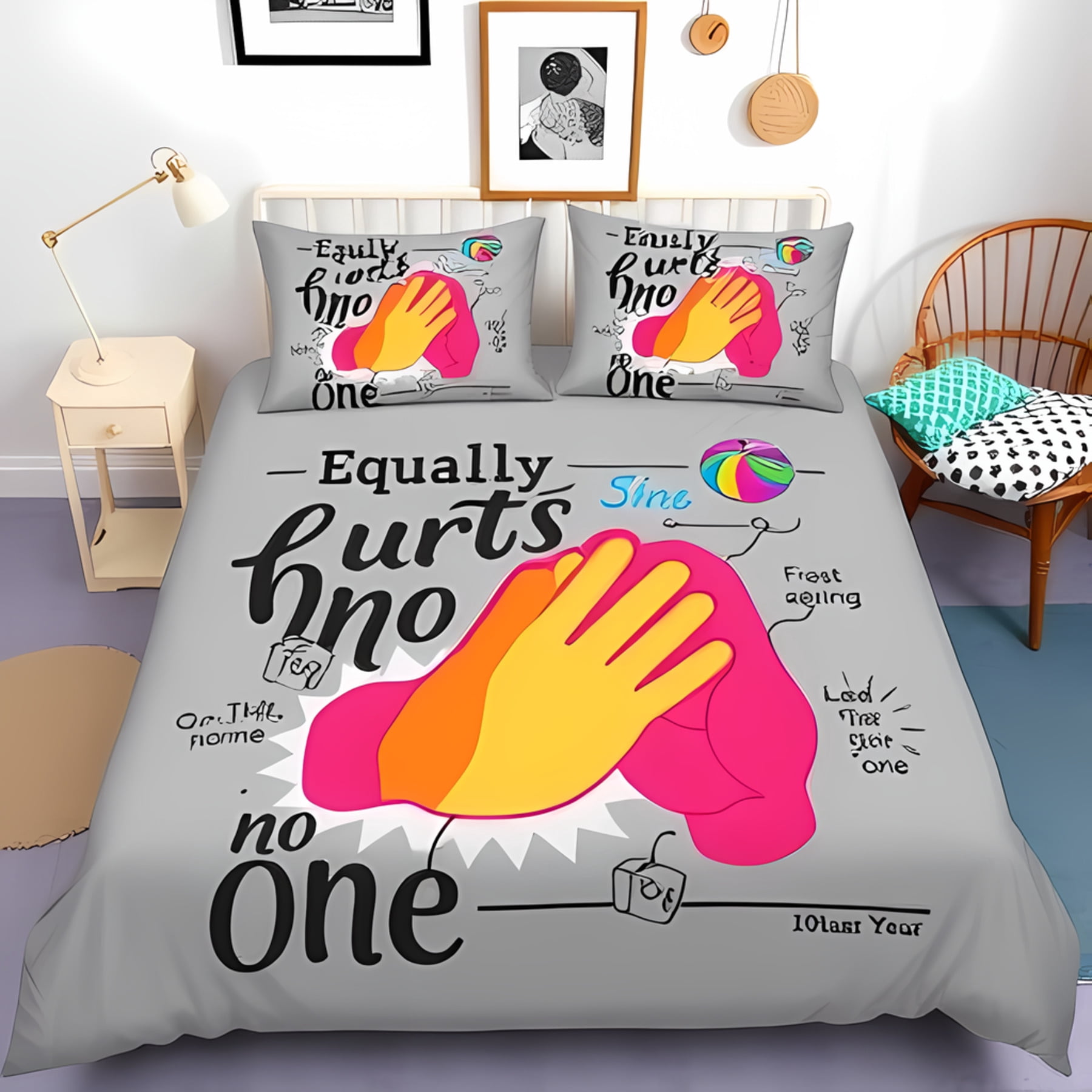 3-Piece Duvet Cover Set with Colorful Hand Illustrations & Playful Text ...