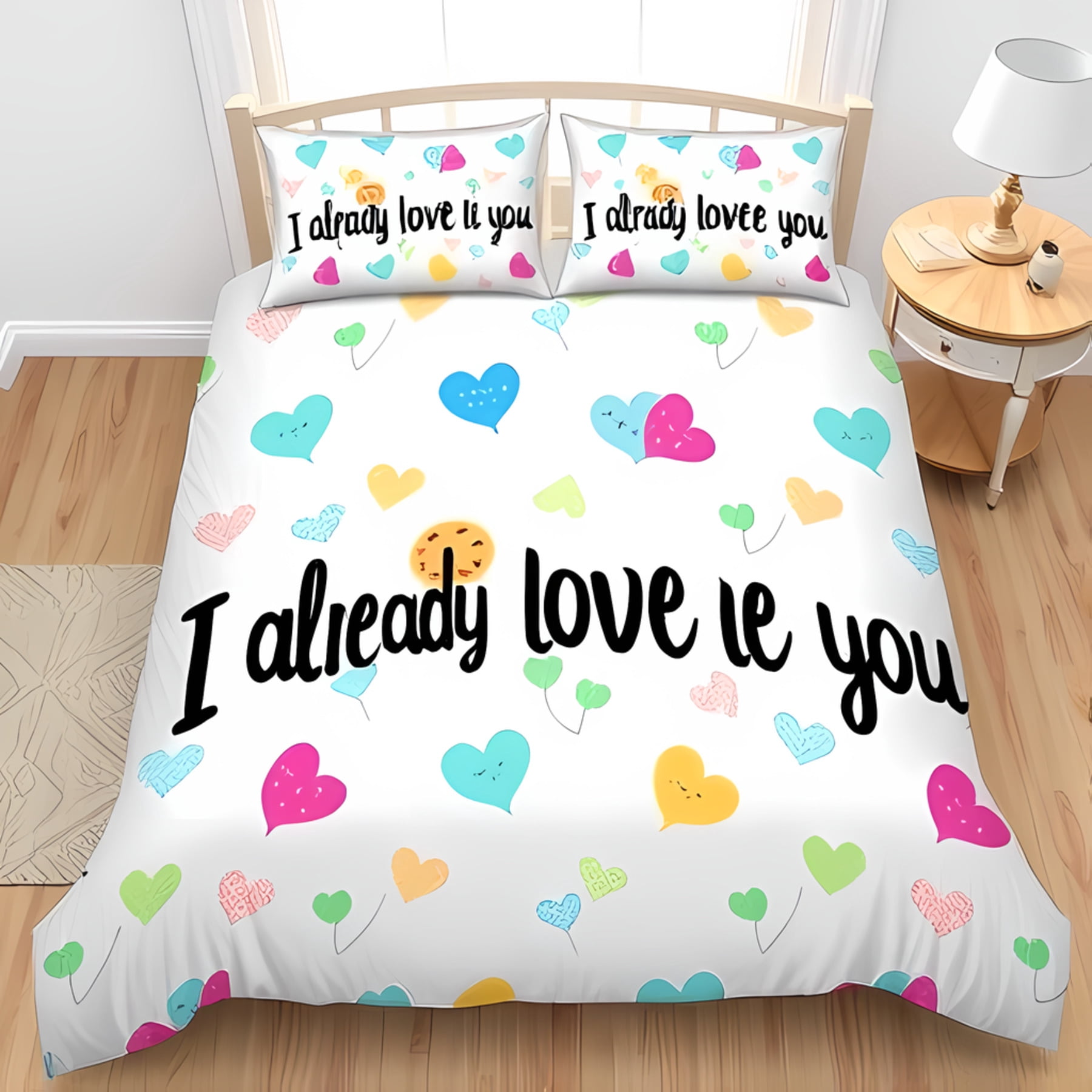 3-Piece Duvet Cover Set with Colorful Hearts & " I Already Love You ...