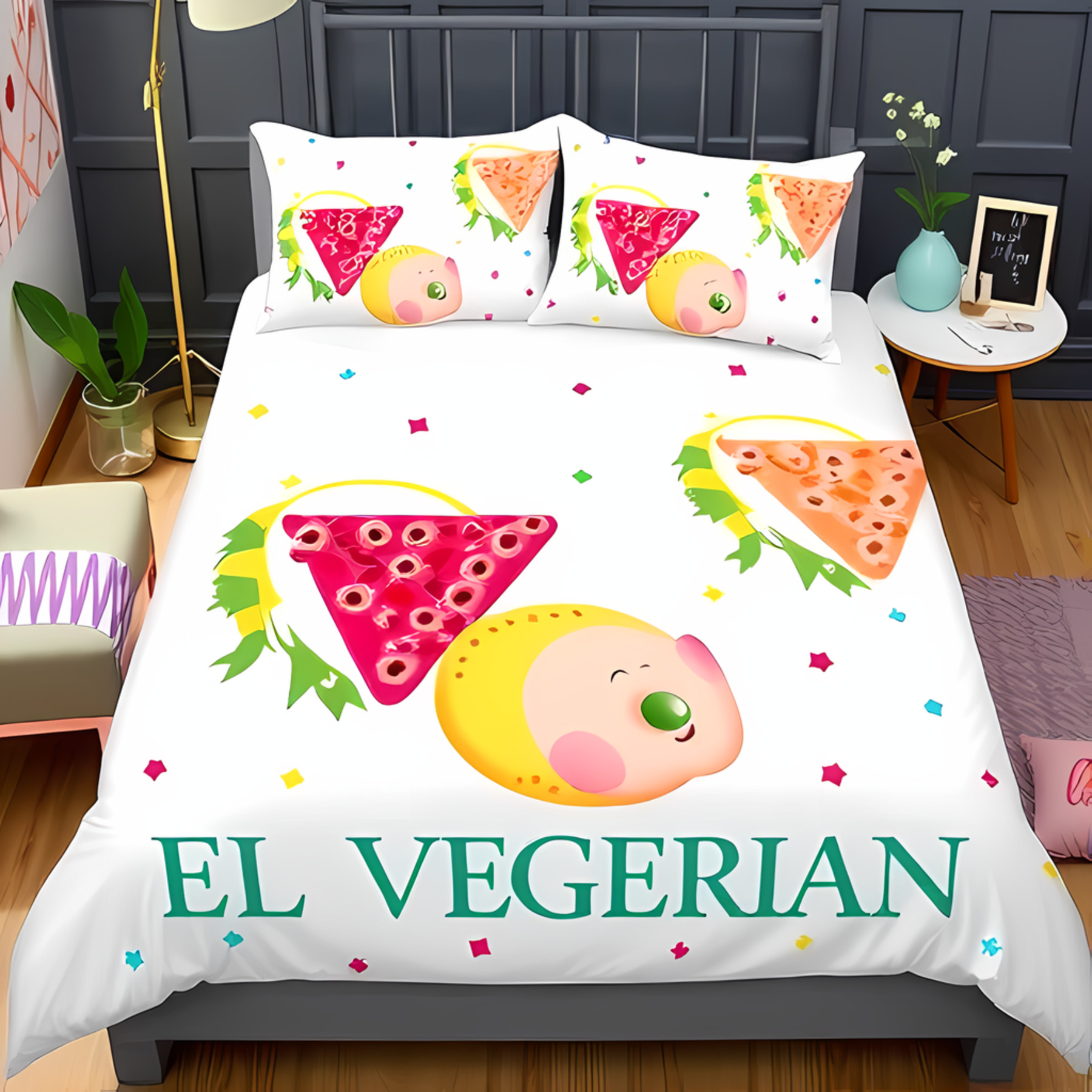 3-Piece Duvet Cover Set with Colorful Pizza Cartoon Characters Playful ...