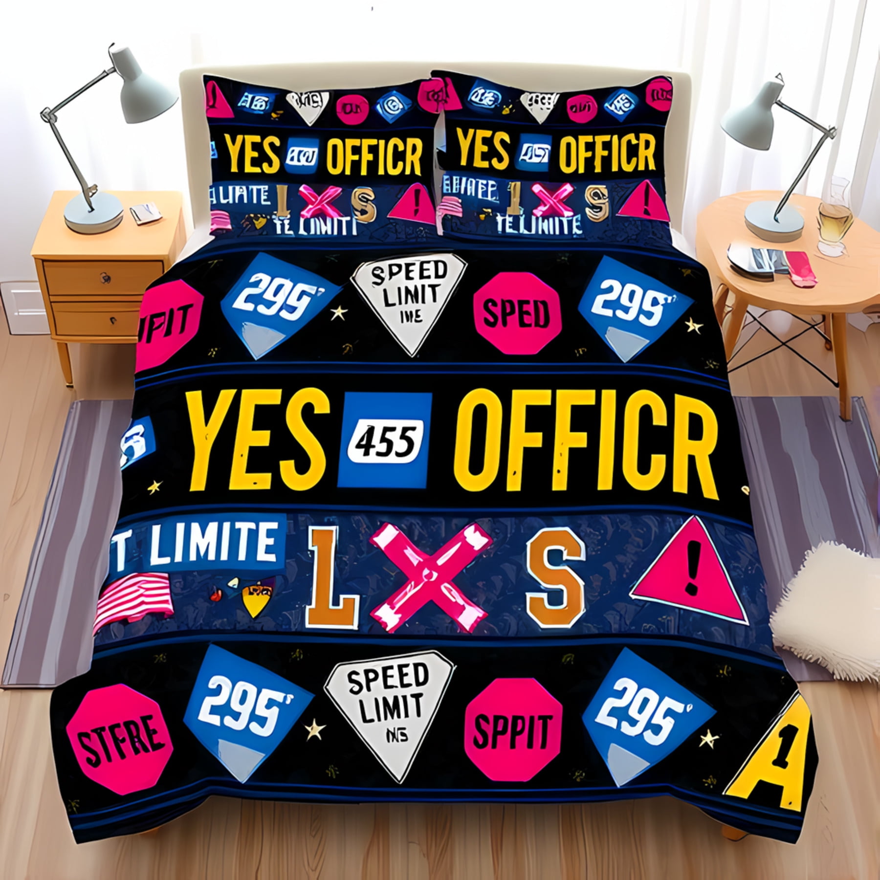3-Piece Duvet Cover Set with Colorful Road Sign Pattern - Playful Black ...