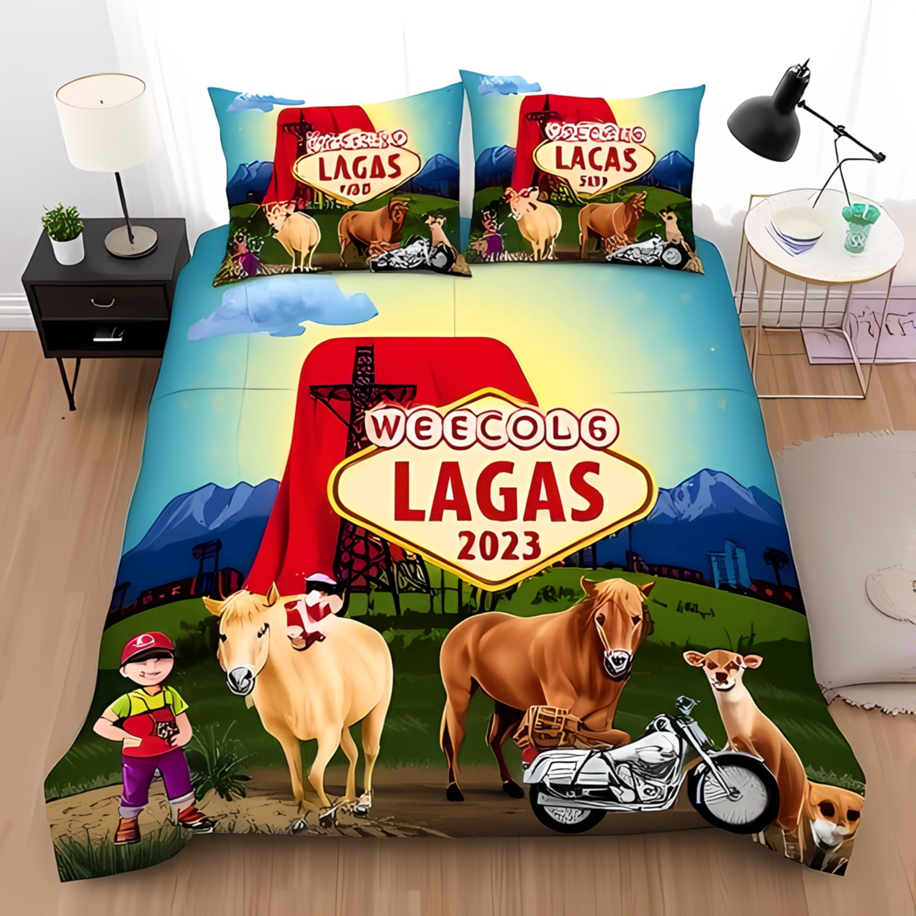 3-Piece Duvet Cover Set with Colorful Rural Scene Cows Motorcycle ...