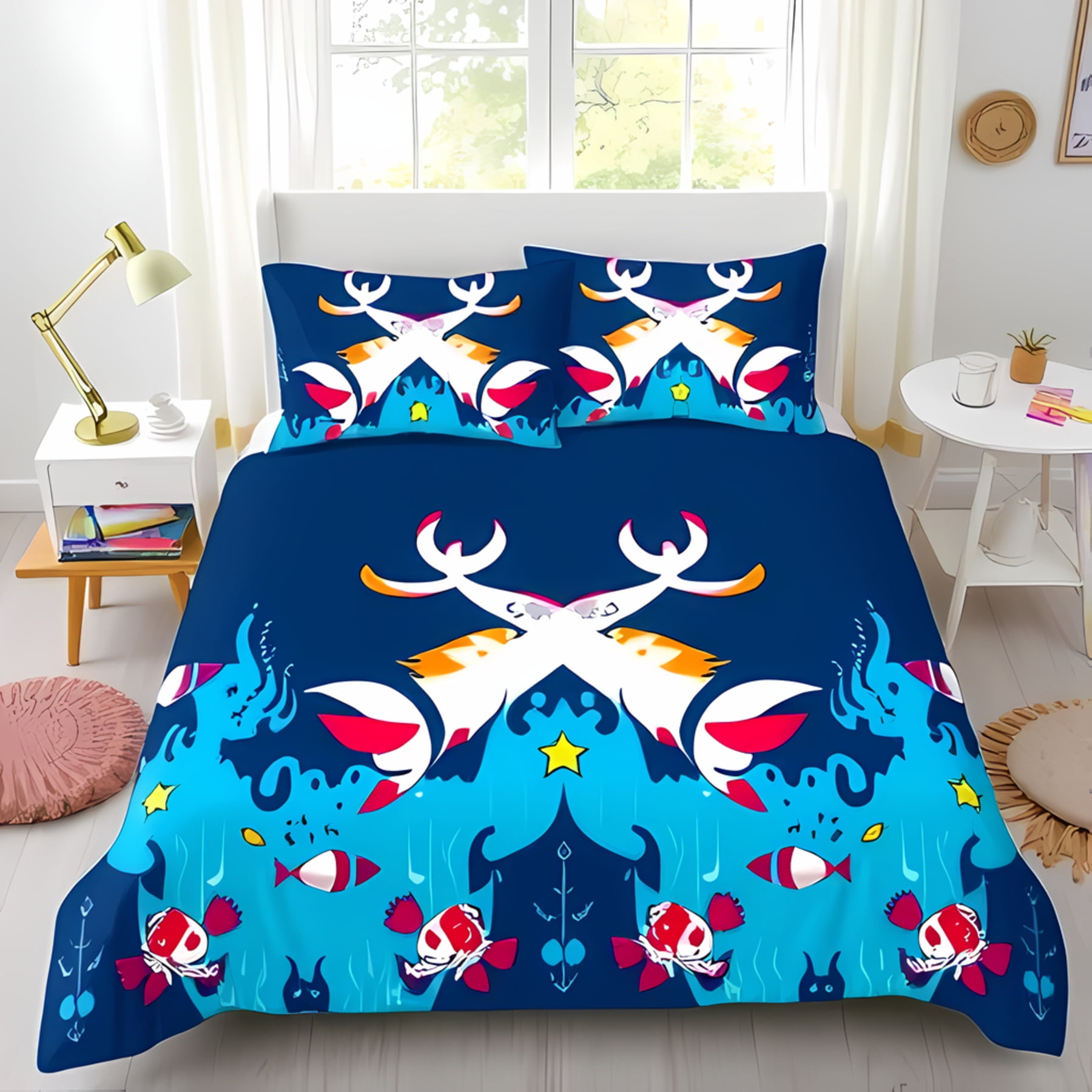 3-Piece Duvet Cover Set with Colorful Sea Creatures & Playful Motifs on ...