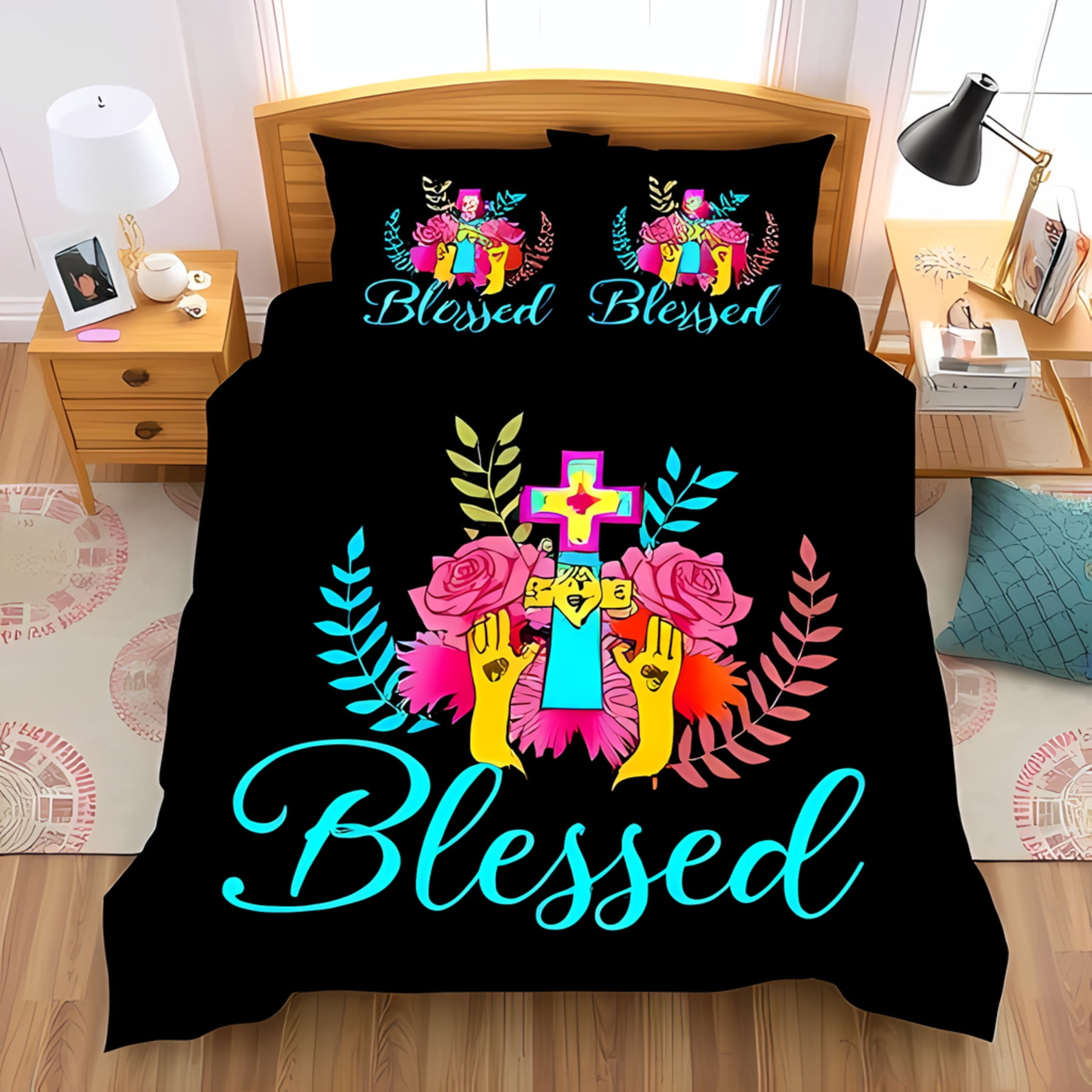 3-Piece Duvet Cover Set with Colorful Spiritual Design - Black ...