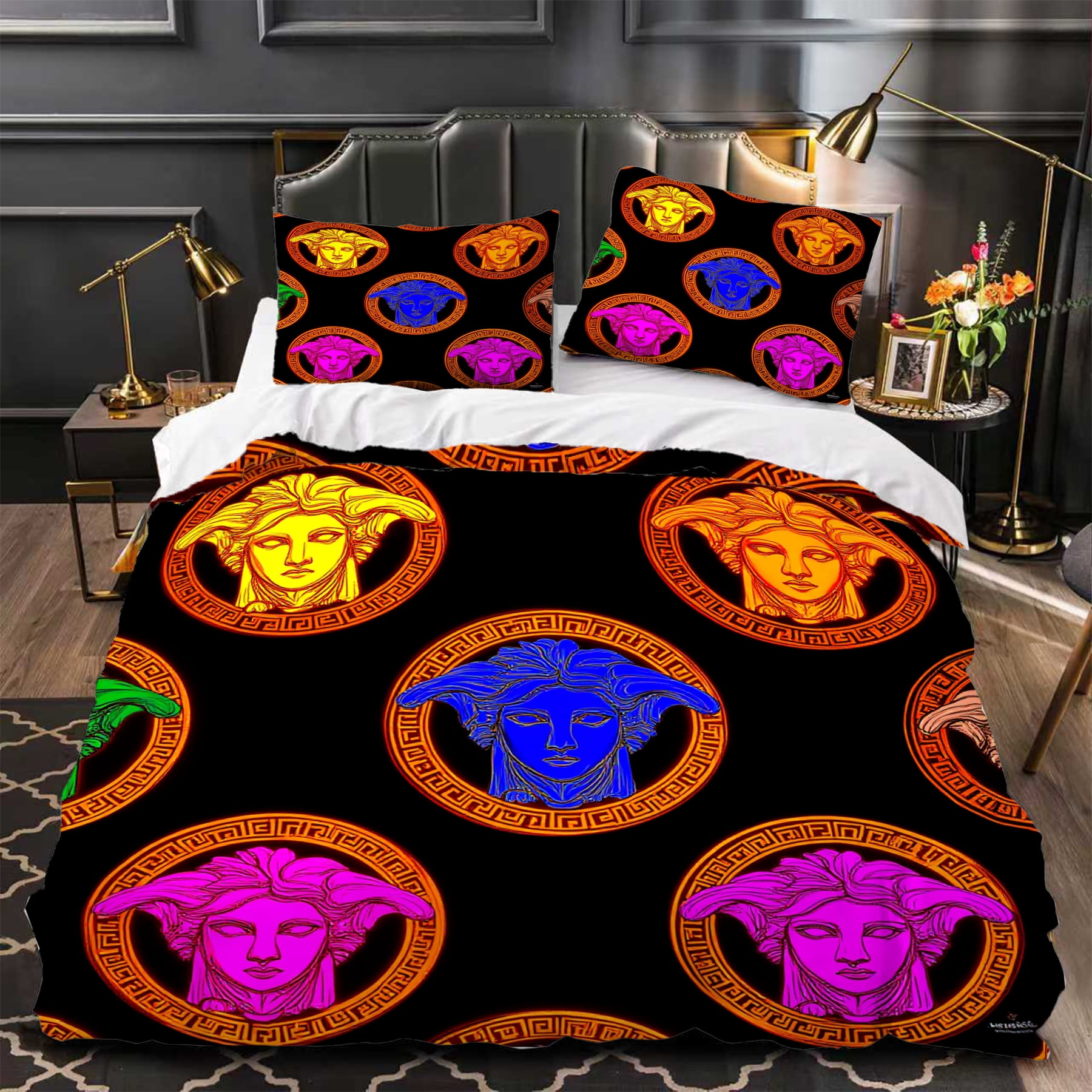 3-Piece Duvet Cover Set with Colorful Stylized Face Pattern in Ornate ...