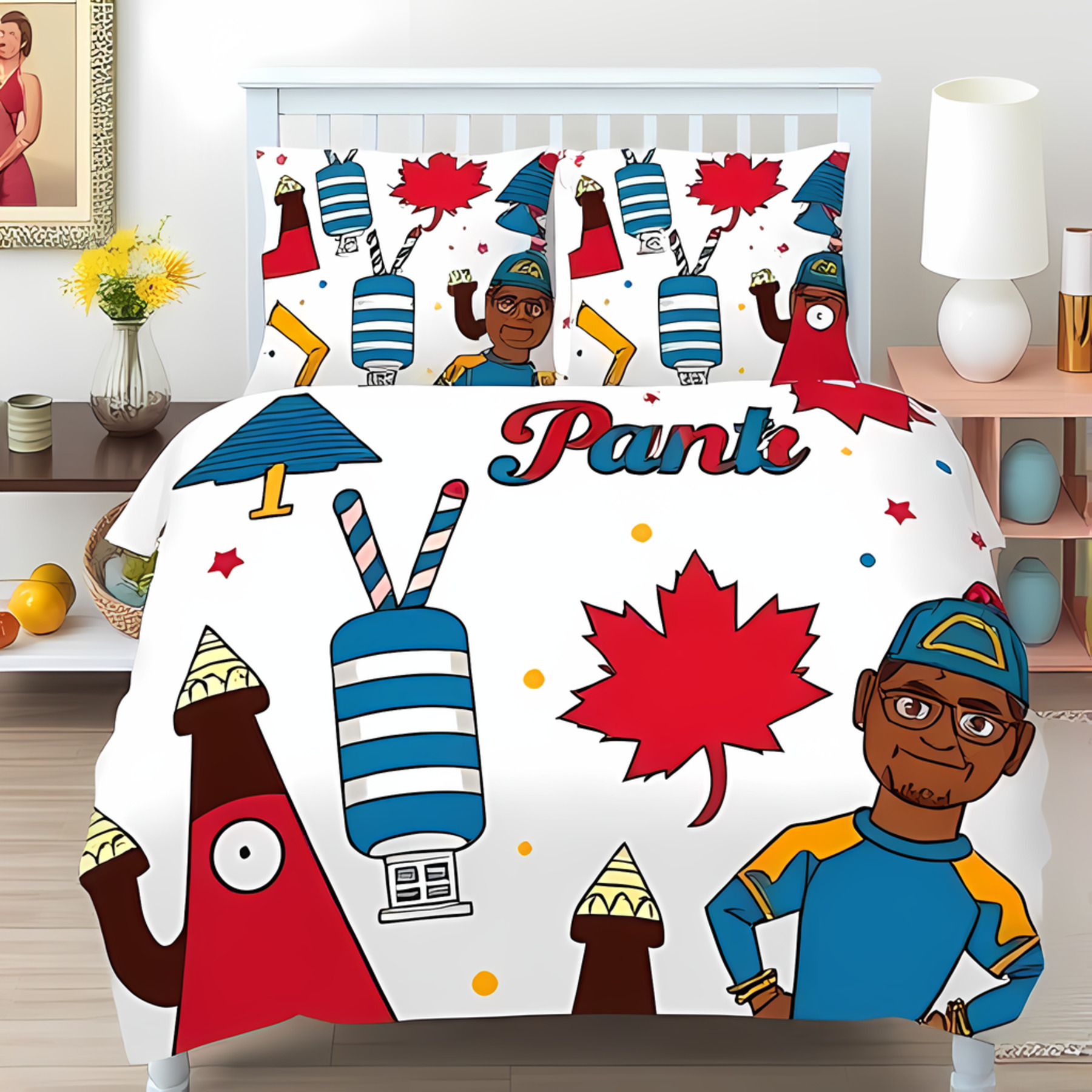 3-Piece Duvet Cover Set with Colorful Whimsical Characters & Bright Red ...