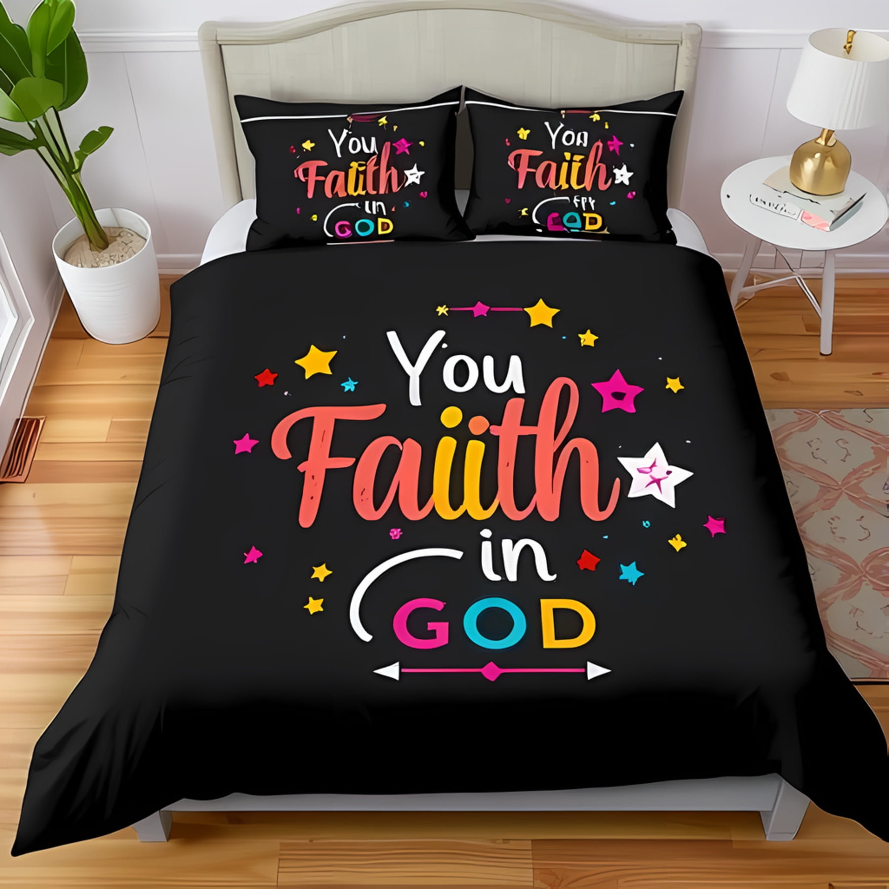 3-Piece Duvet Cover Set with Colorful 'You Faith in GOD' Text Design ...
