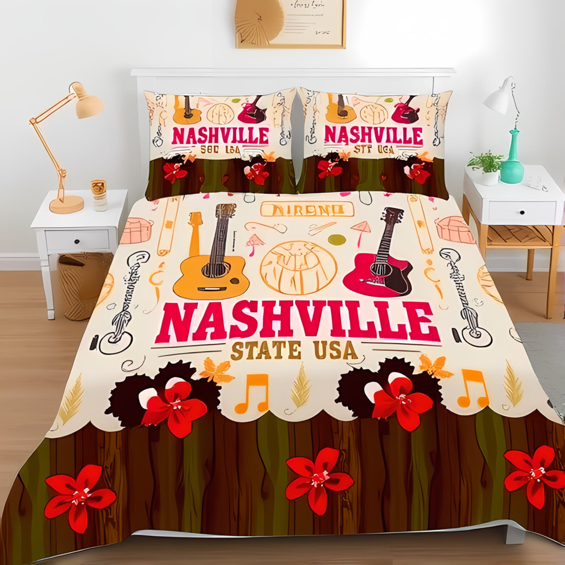 3-Piece Duvet Cover Set with Cream Background Musical Notes Red Flowers ...