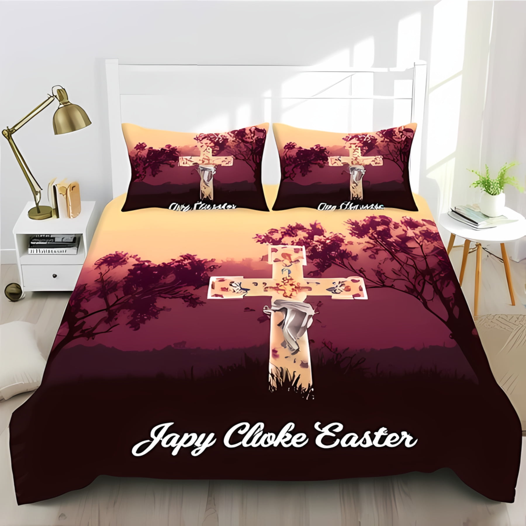 3-Piece Duvet Cover Set with Cross and Sunset Landscape Design Floral ...