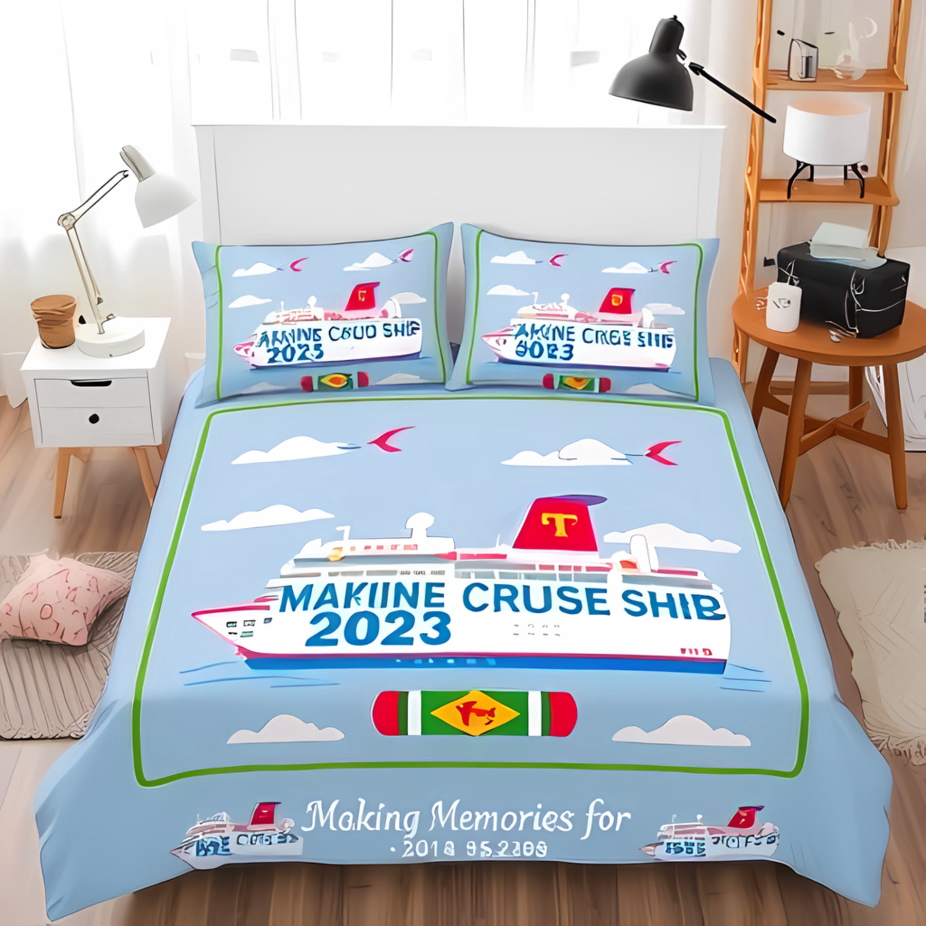 3-Piece Duvet Cover Set with Cruise Ship Design Blue & White Color ...
