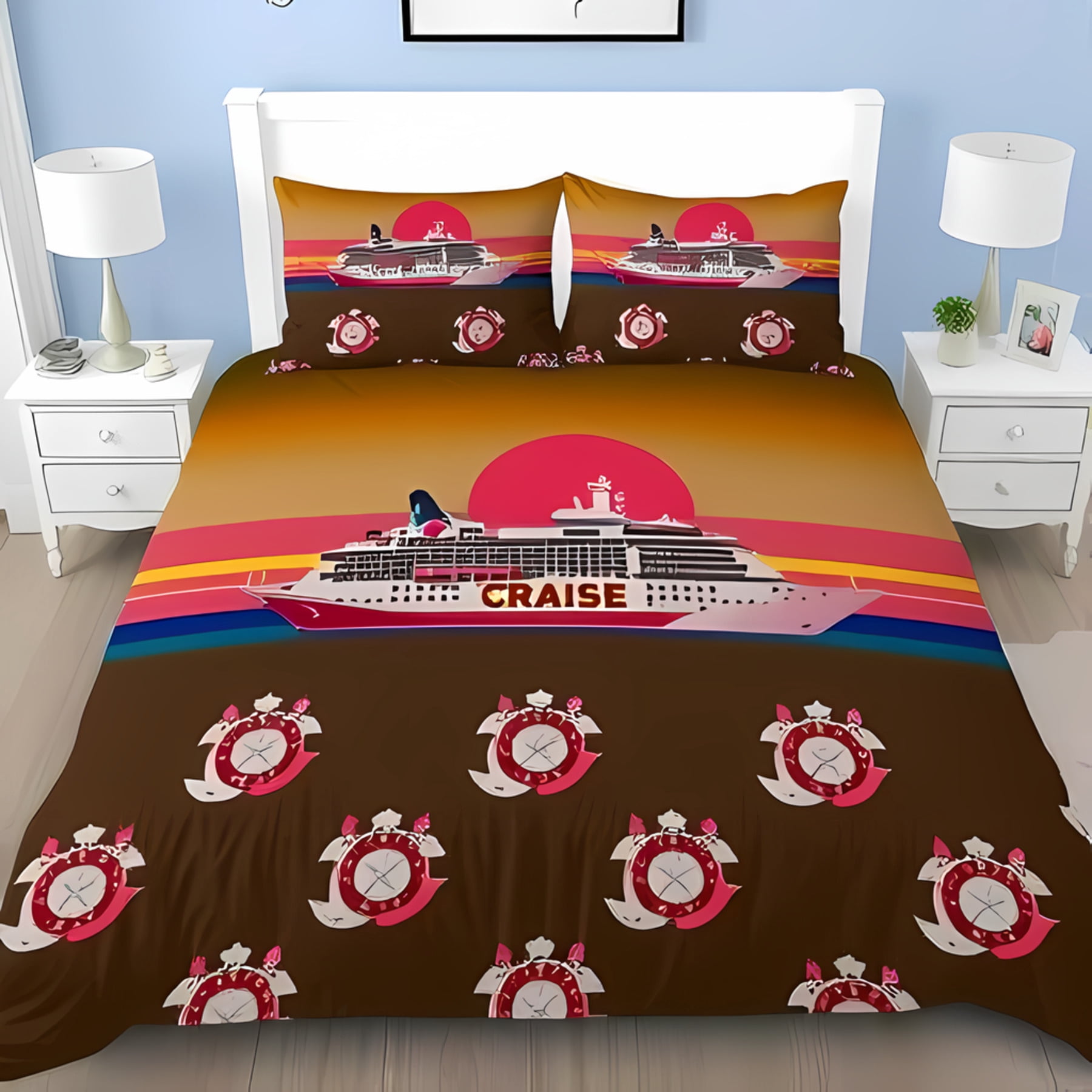 3-Piece Duvet Cover Set with Cruise Ship Design - Vibrant Sunset Colors ...