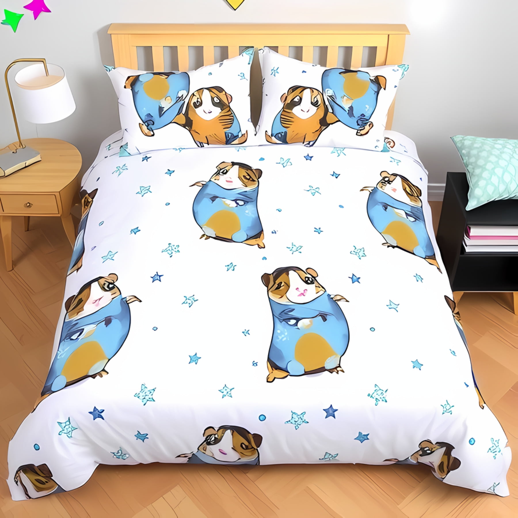 3-Piece Duvet Cover Set with Cute Cartoon Guinea Pigs & Blue Stars on White Background - Cozy ...