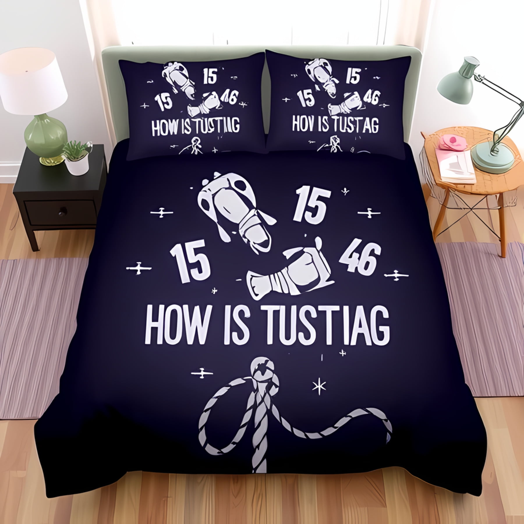 3-Piece Duvet Cover Set with Dark Blue Background White Text ...