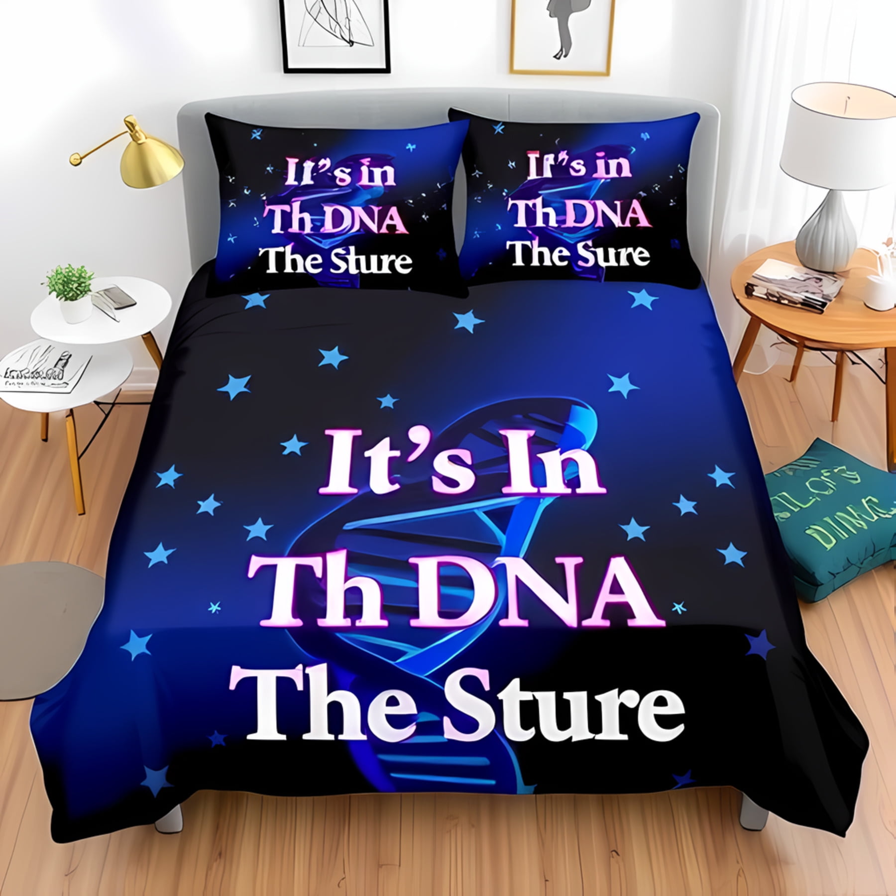 3-Piece Duvet Cover Set with Dark Blue Starry Sky and DNA Double Helix Design - Modern Bedding ...
