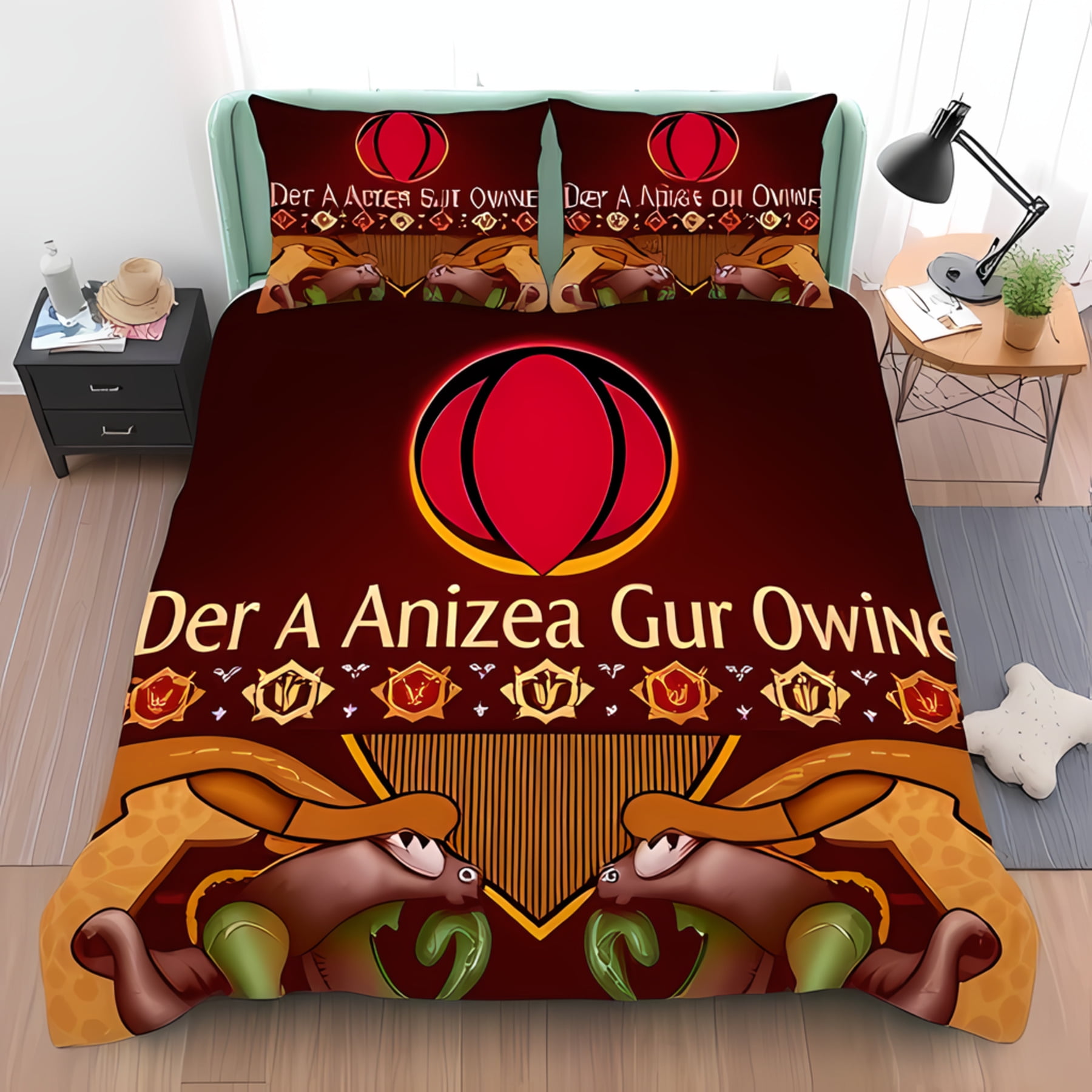 3-Piece Duvet Cover Set with Dark Red Background Central Geometric ...