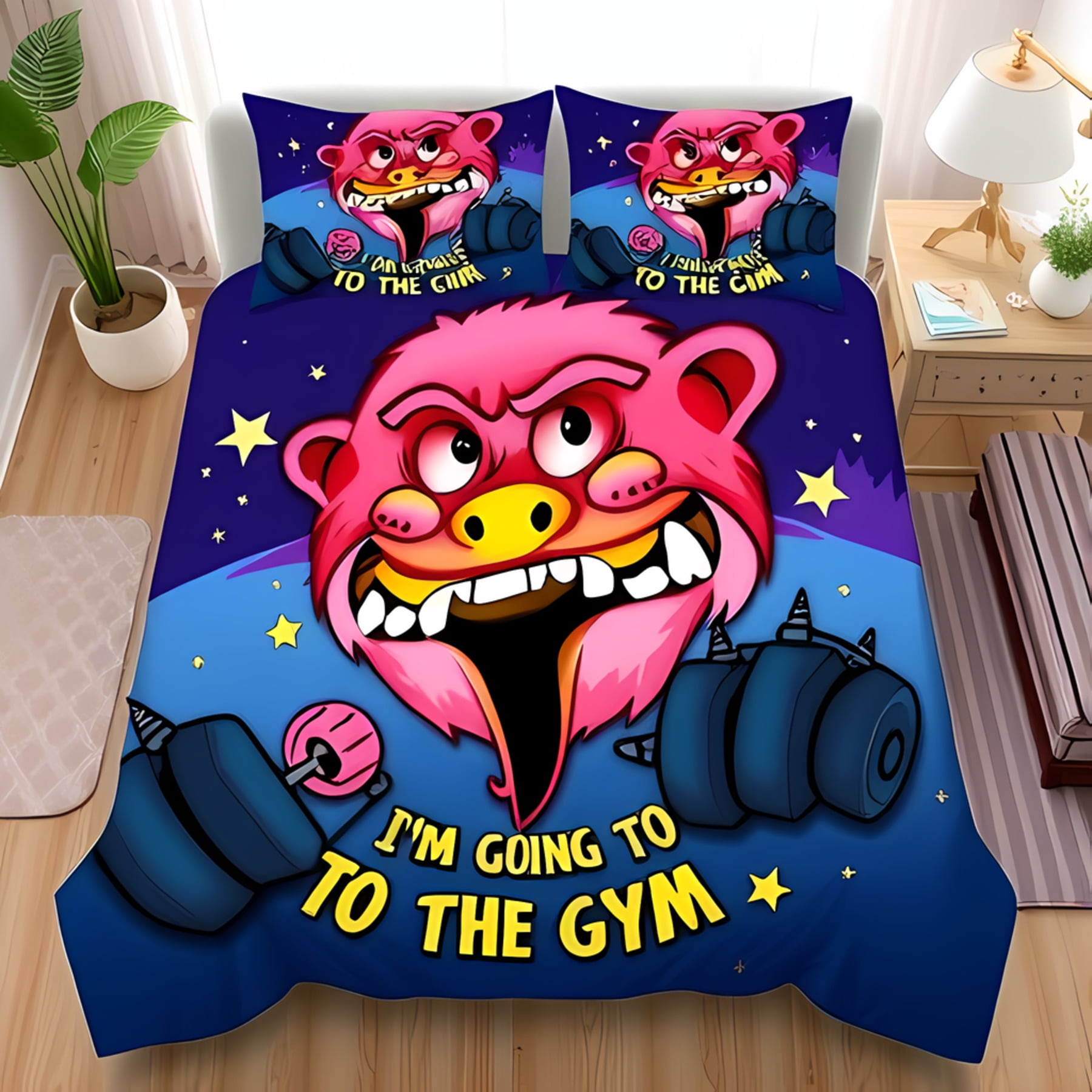 3-Piece Duvet Cover Set with Design - Angry Bear Ball Stars & Purple ...