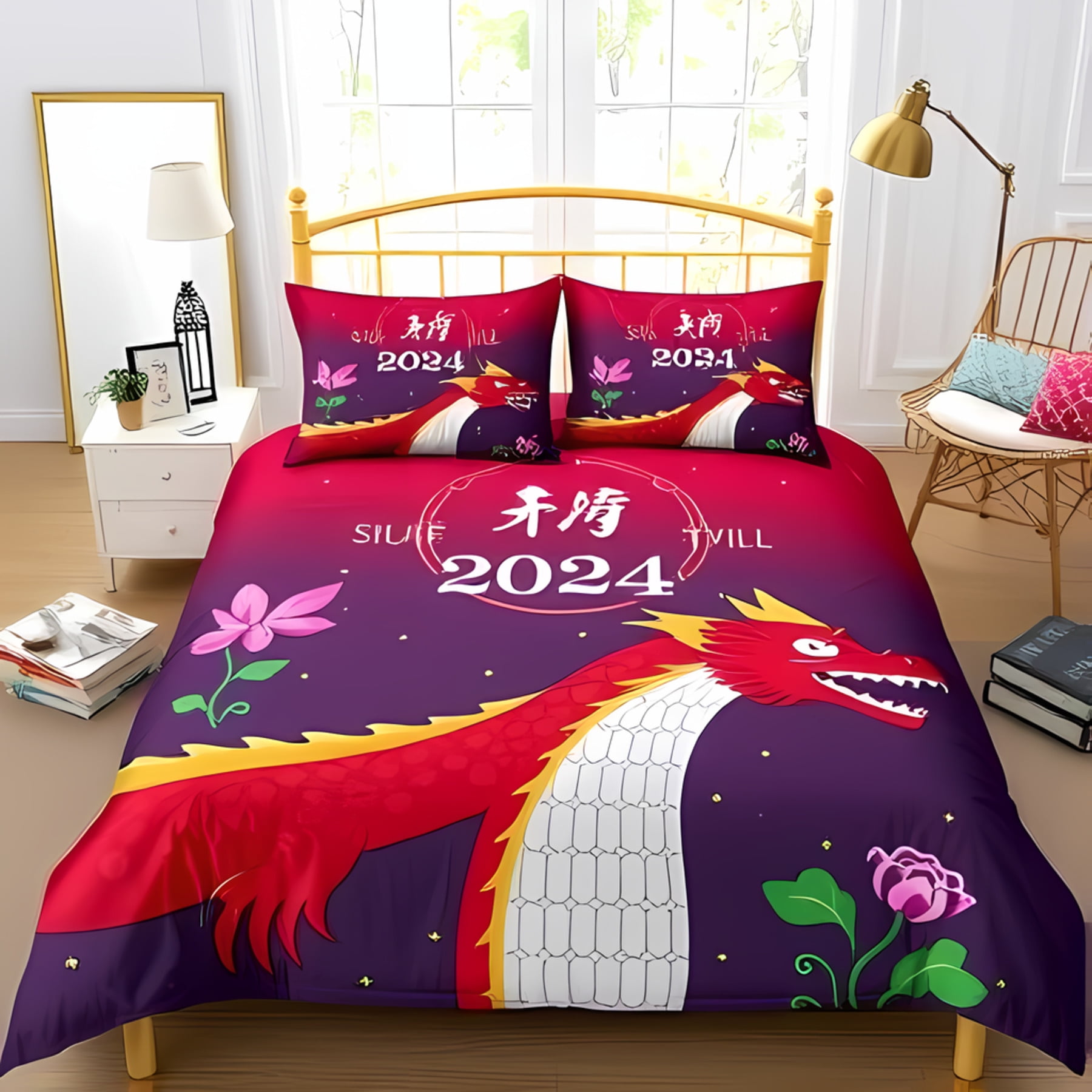 3-Piece Duvet Cover Set with Dragon Design Deep Purple & Red Color ...