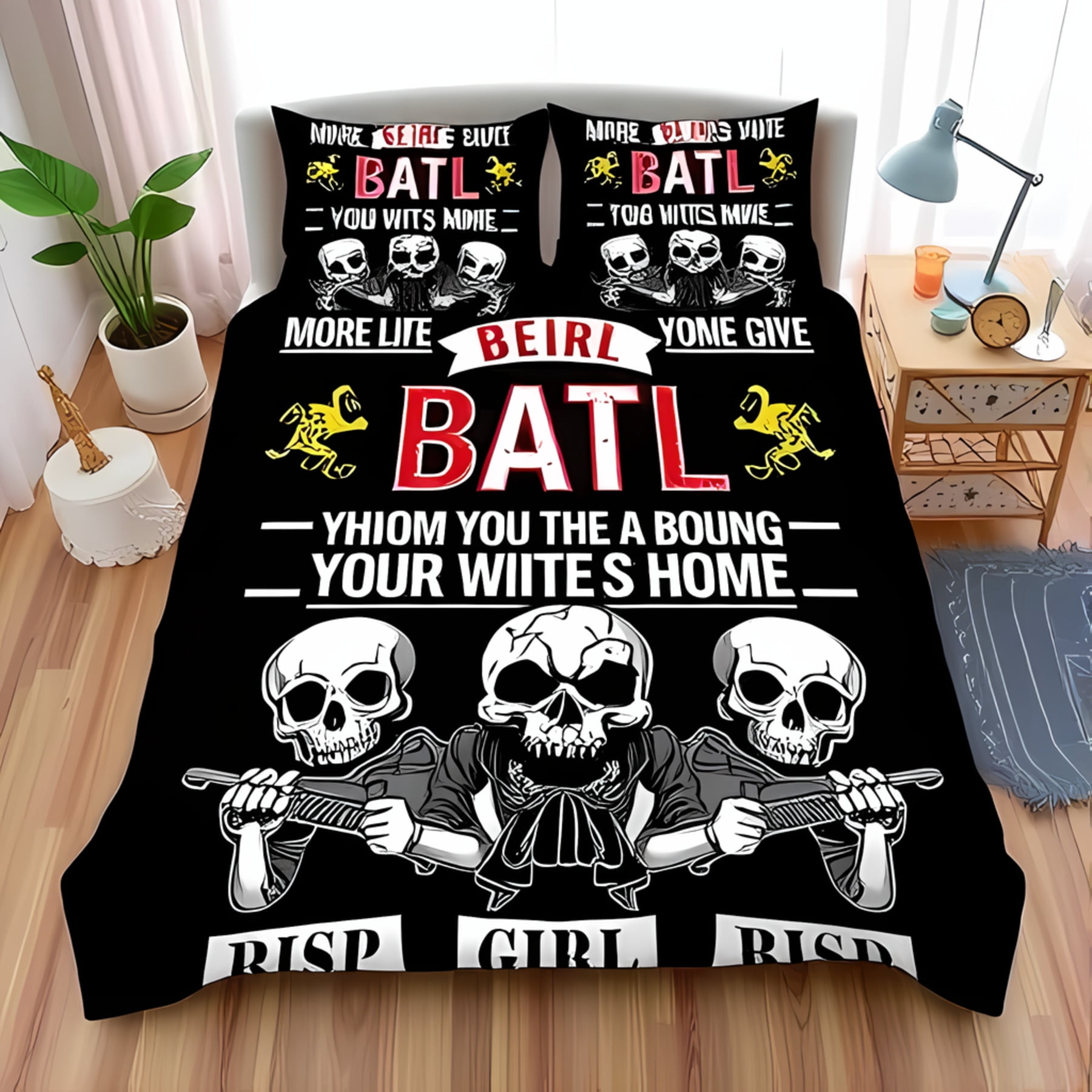 3-Piece Duvet Cover Set with Edgy Black Design Featuring " BATL " and ...
