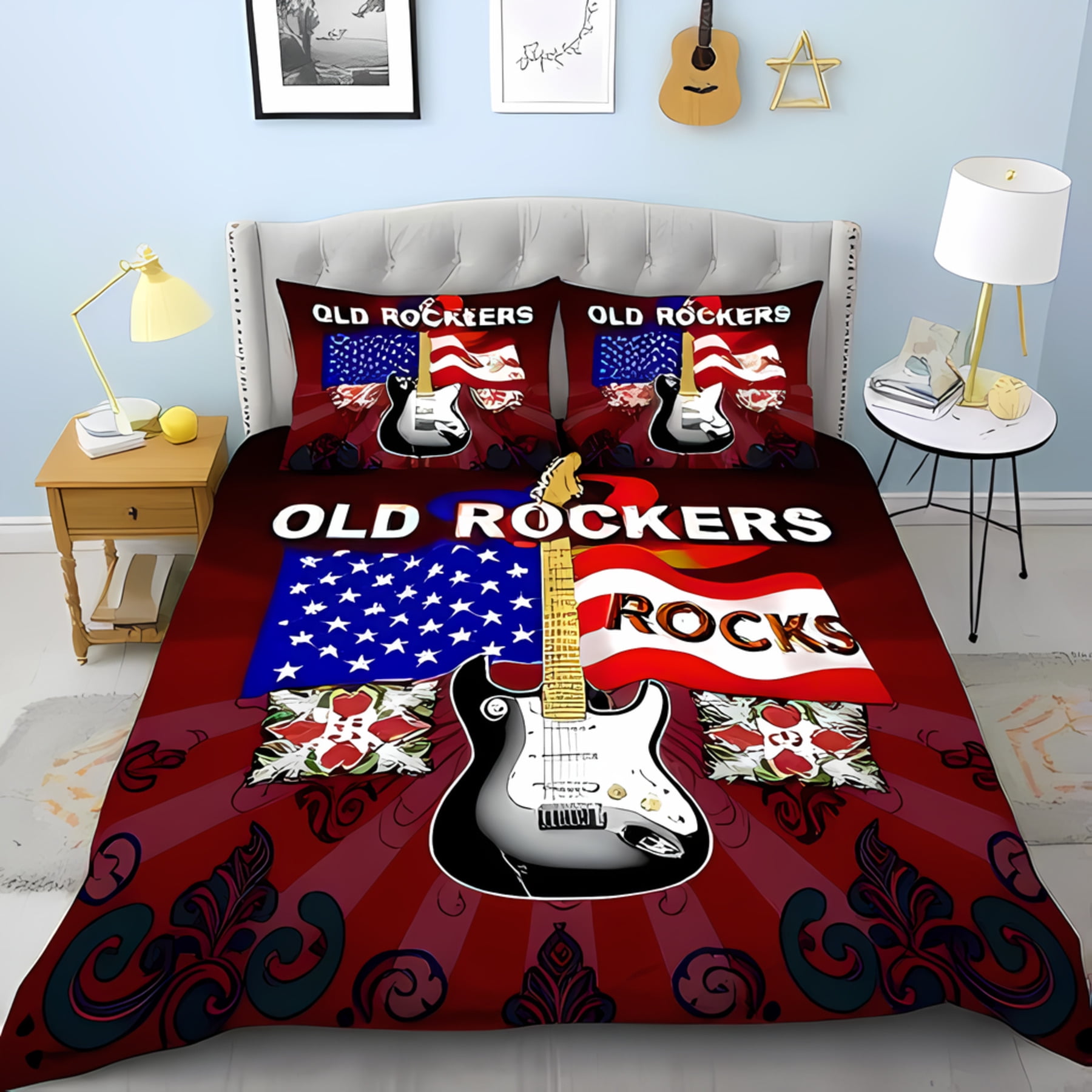3-Piece Duvet Cover Set with Electric Guitar Bold Red & Blue Patterns ...
