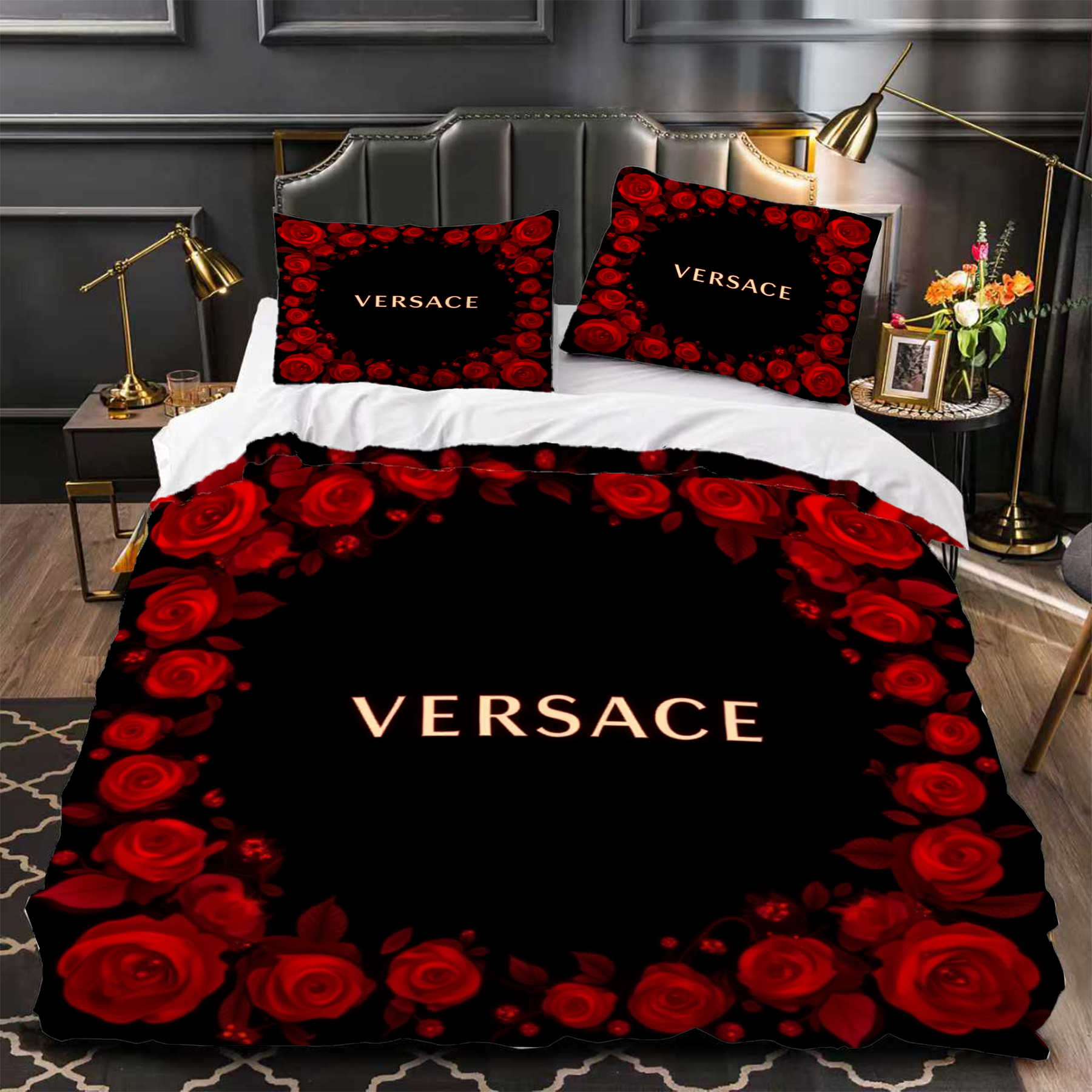 3-Piece Duvet Cover Set with Elegant Red Rose Pattern Black & Red Color ...